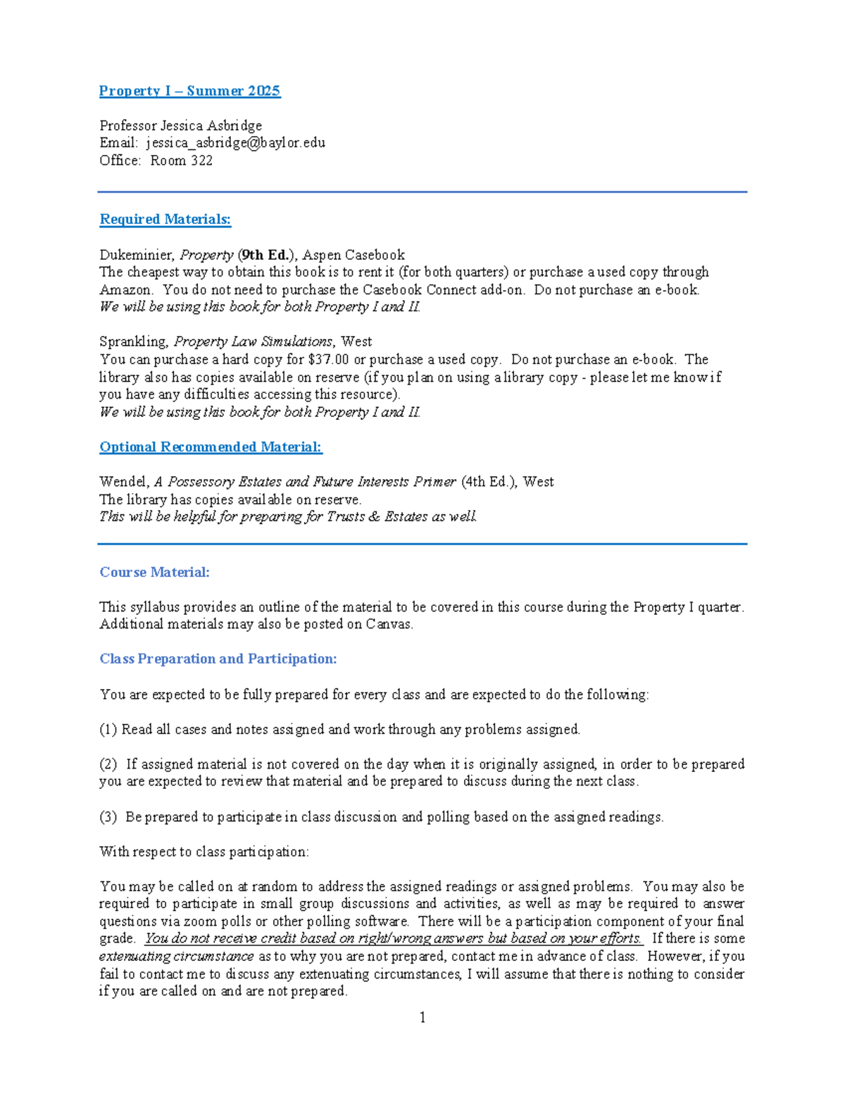 Property I Syllabus - Summer 2025 with Professor Asbridge - Studocu