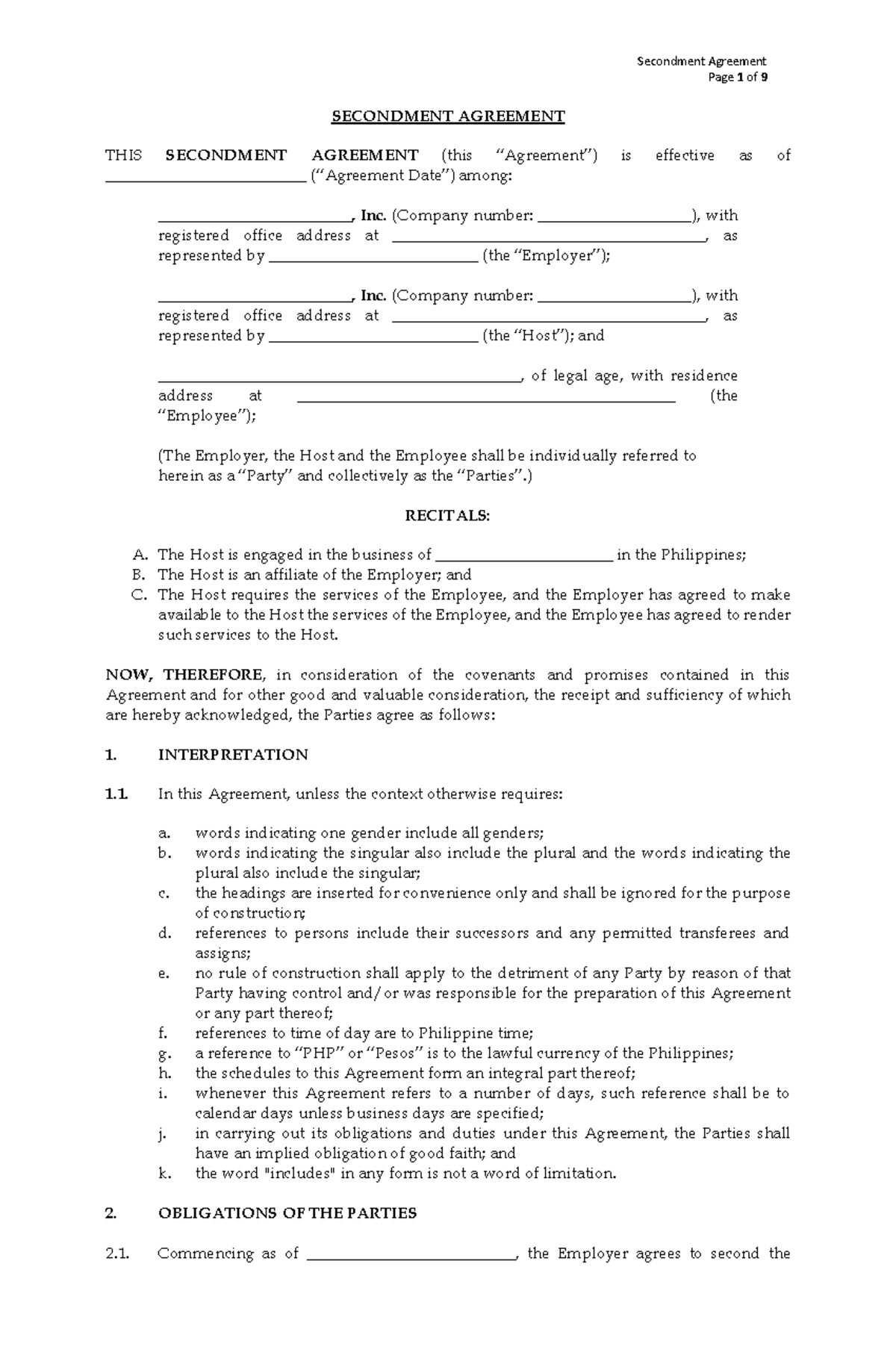 20230123 Secondment Agreement Template for Employee Placement - Studocu