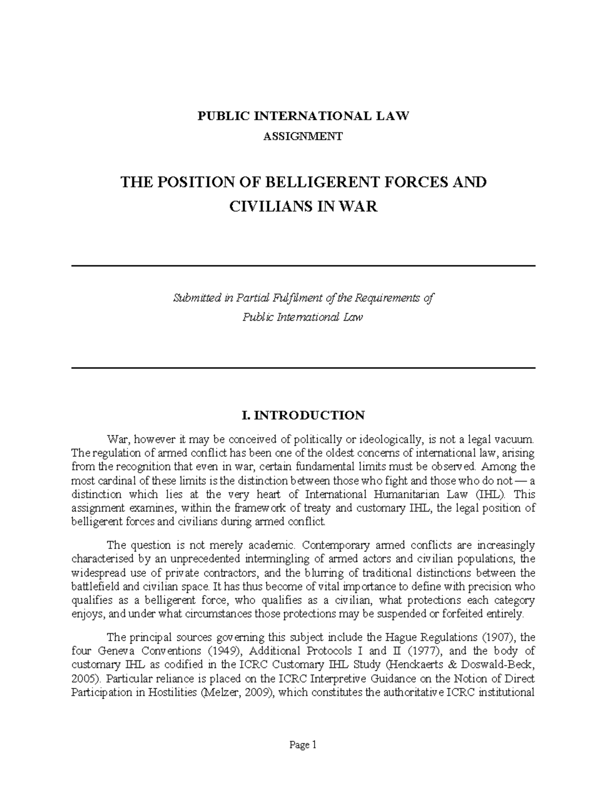 PUBLIC INTERNATIONAL LAW I: Belligerent Forces & Civilians in War ...