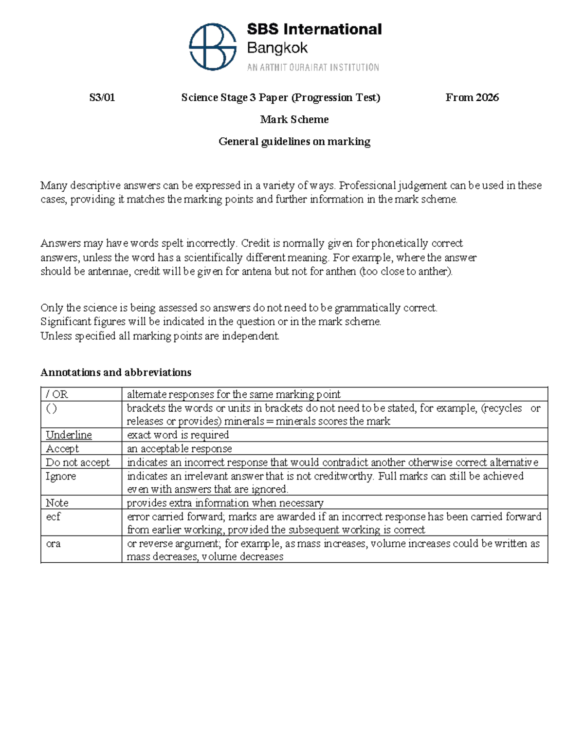Science Stage 3 Progression Test Mark Scheme (2026) - Studocu