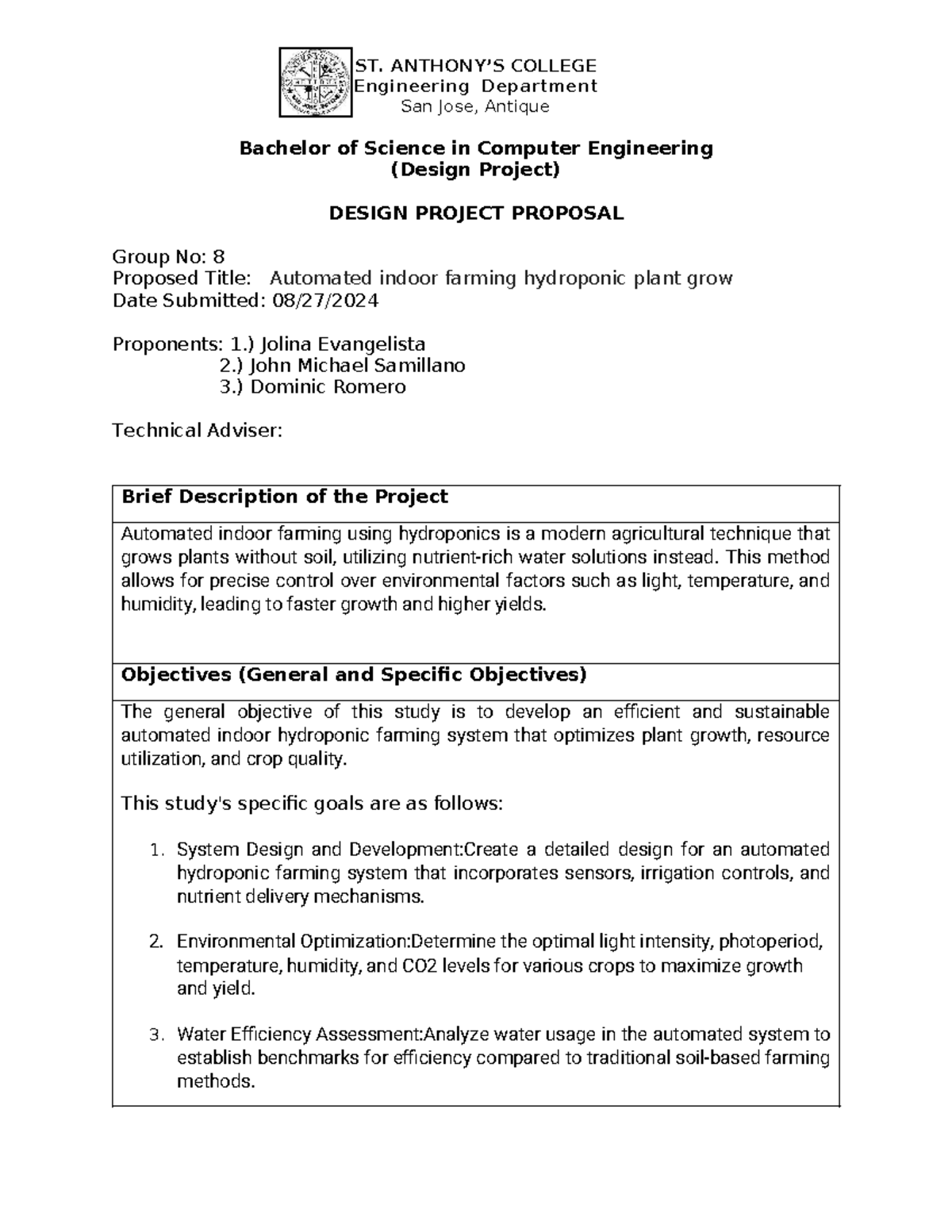 Design Project Proposal: Automated Hydroponic Farming System (ENGR101 ...
