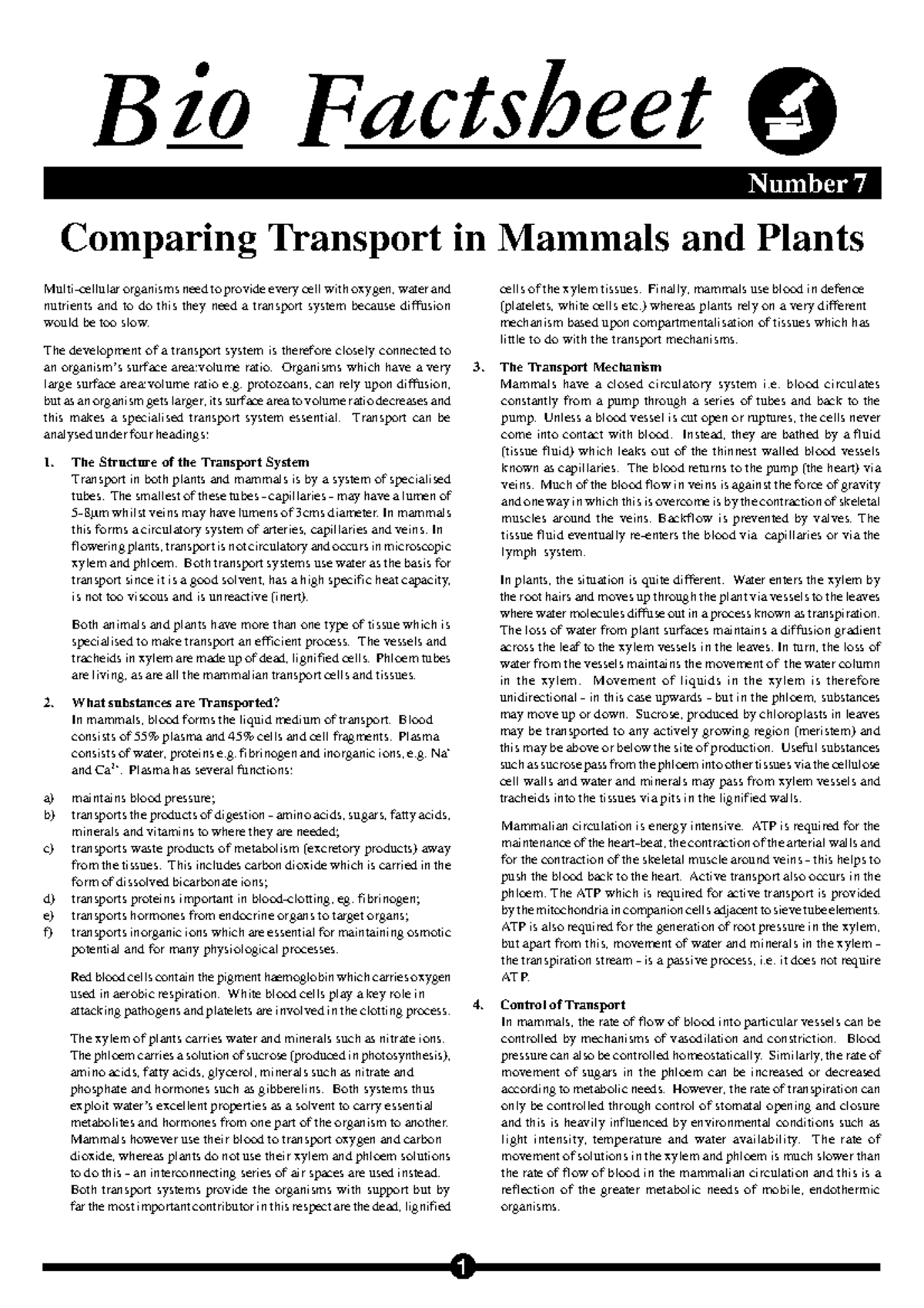 007 - Comparing Transport in Mammals and Plants - 1 Bio Factsheet ...