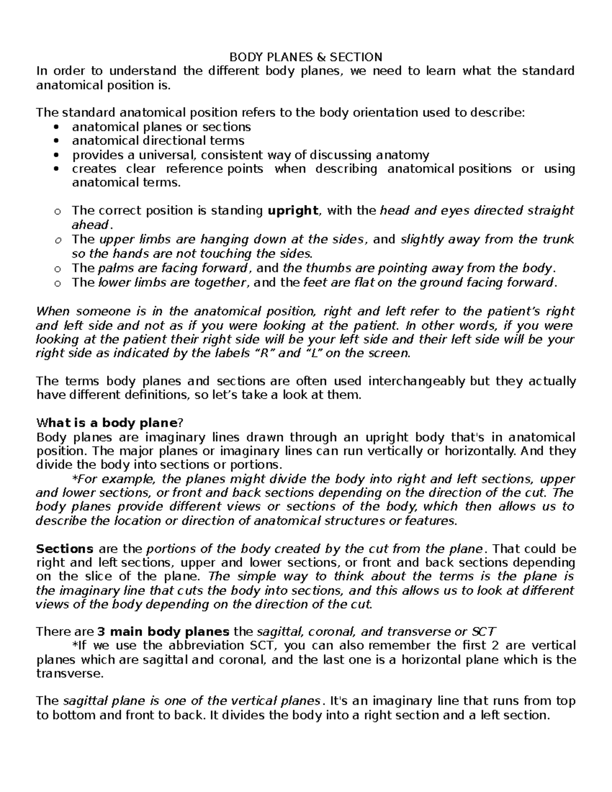 BODY Planes & Directional Terms: Understanding Anatomy Concepts - Studocu
