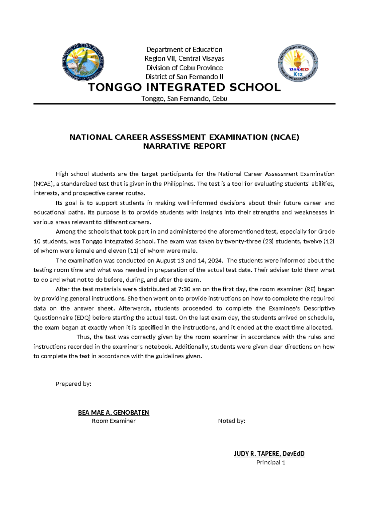 NCAE Narrative Report: NCAE Test Overview & Implementation Details ...