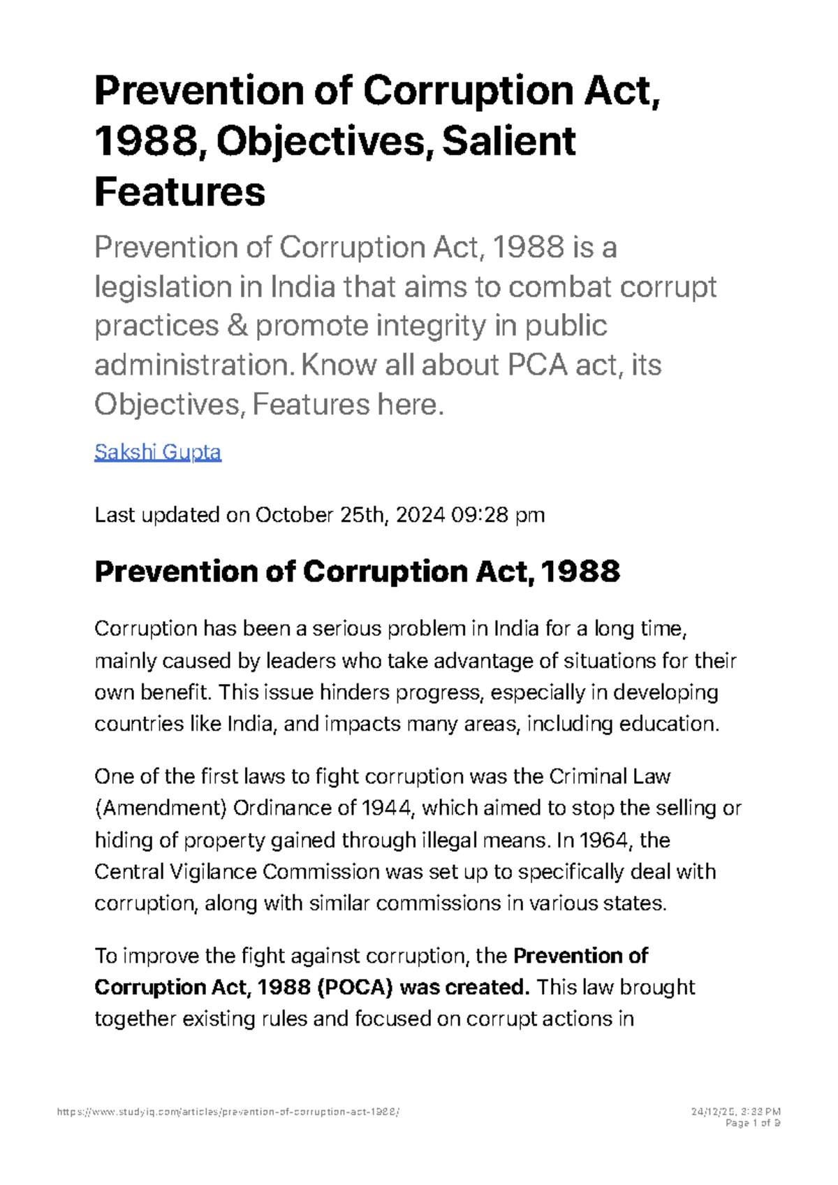 Prevention of Corruption Act, 1988: Key Objectives & Features - Studocu