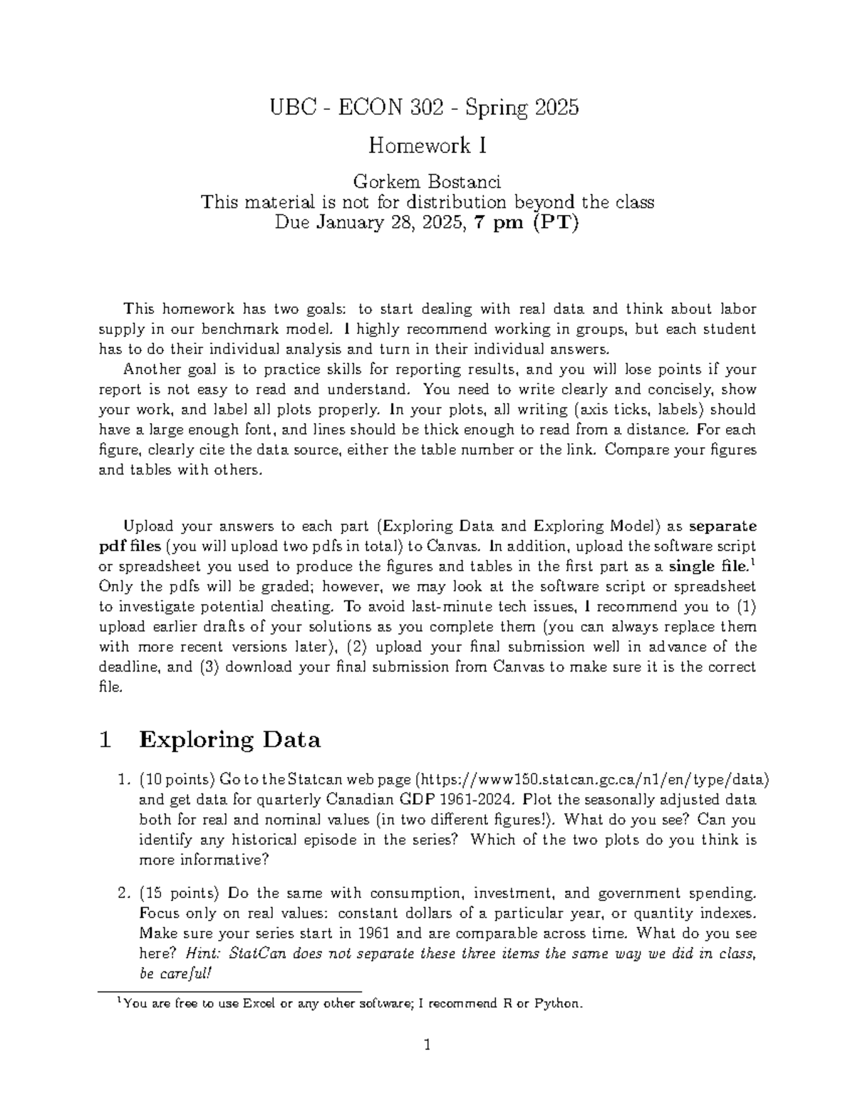 ECON302 HW1 2025 - HW1 - UBC - ECON 302 - Spring 2025 Homework I Gorkem ...