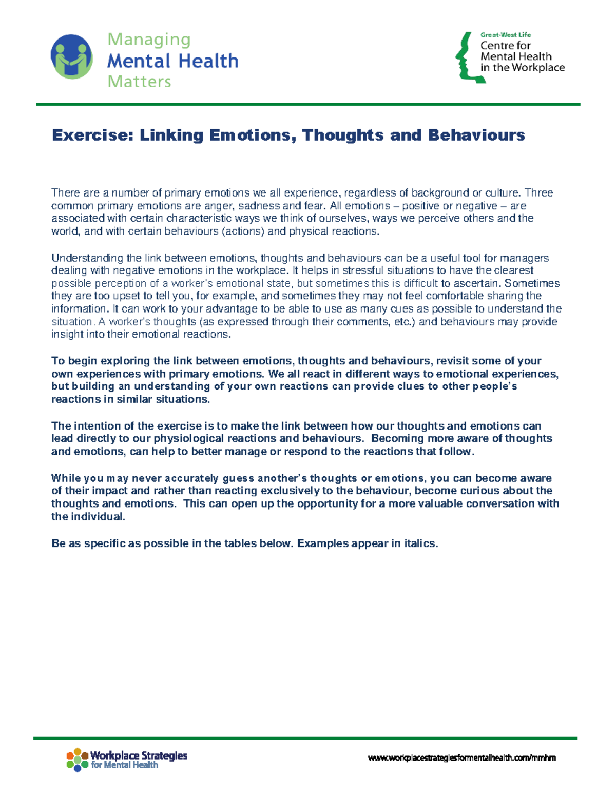 Exercise: Linking Emotions, Thoughts, and Behaviours Analysis - Studocu