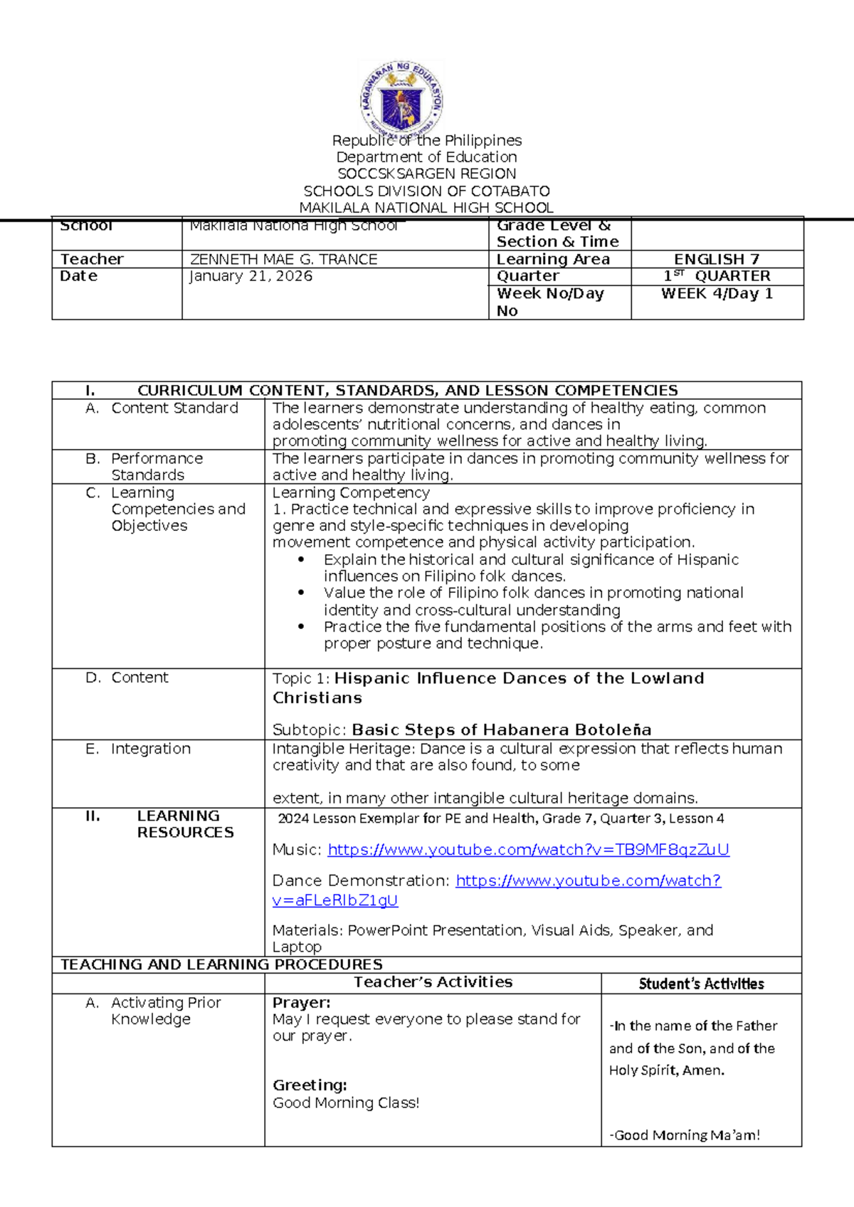 Co2 MAPEH 7 - Lesson Plan on Hispanic Influences in Filipino Folk ...
