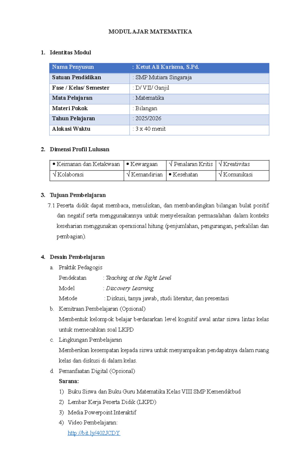 MODUL AJAR MATEMATIKA 1 SMP Ganjil - Bilangan Bulat dan Operasi Hitung ...