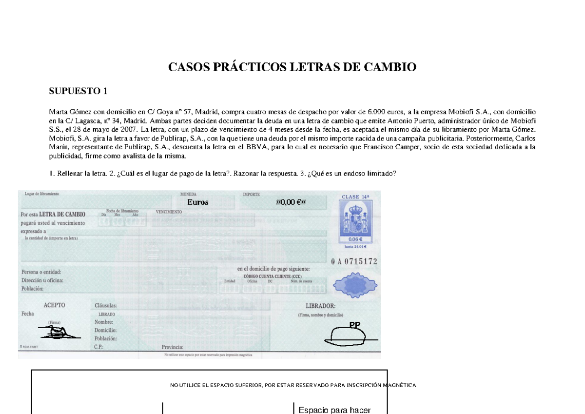 Ejercicios Prácticos sobre Letras de Cambio - CASOS 1-4 - Studocu
