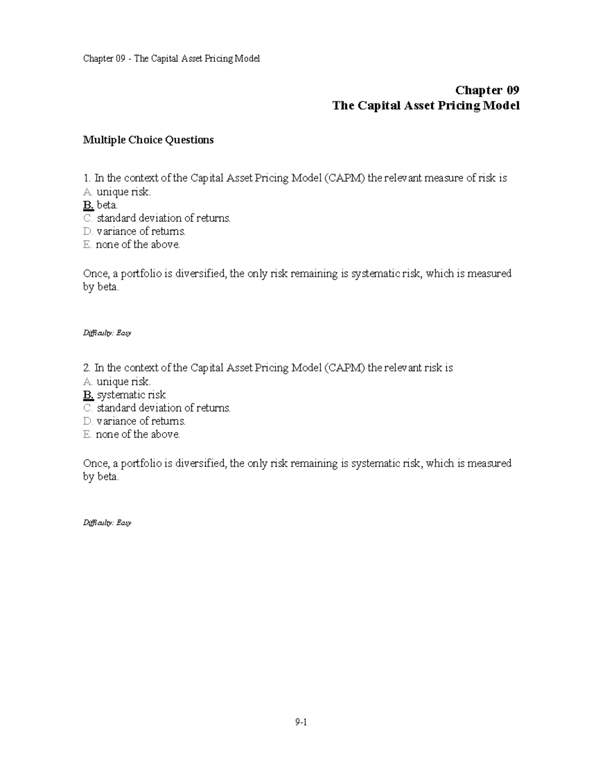 Multiple Choice Questions on Asset pricing with Answers - Stirling ...