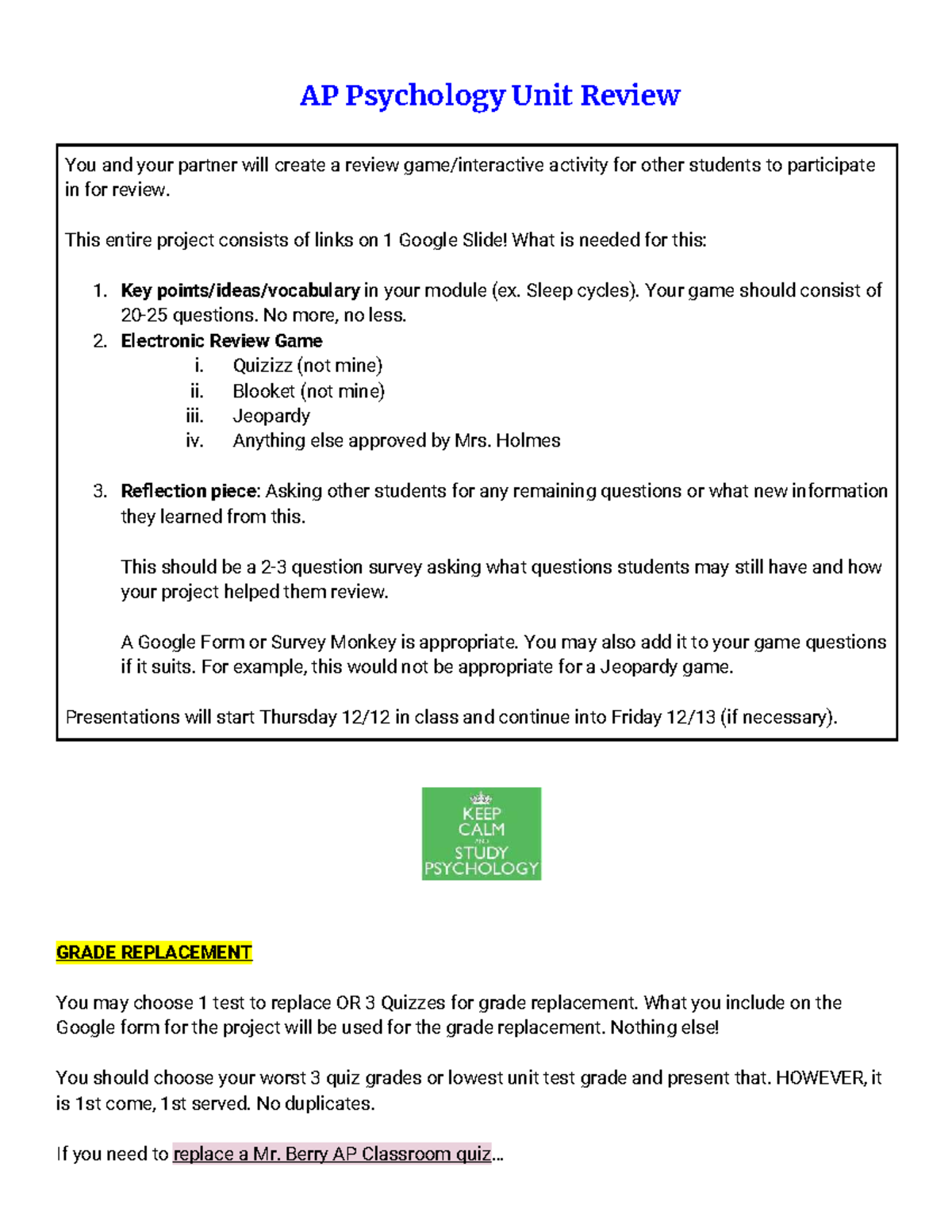 FALL Final EXAM Review Activity - AP Psychology Unit Review You and ...