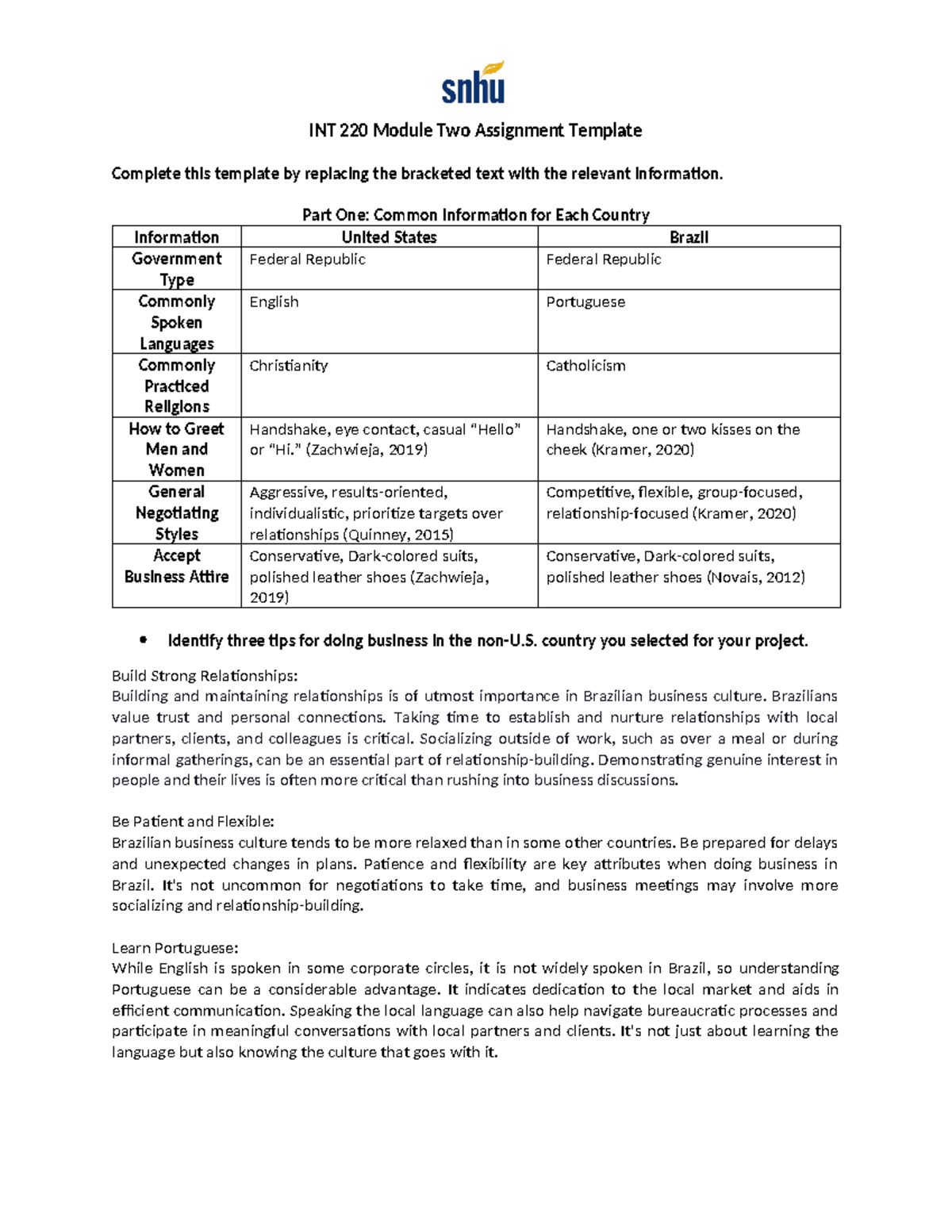 INT 220 Module Two Assignment: Cultural Comparisons Between Brazil & US ...