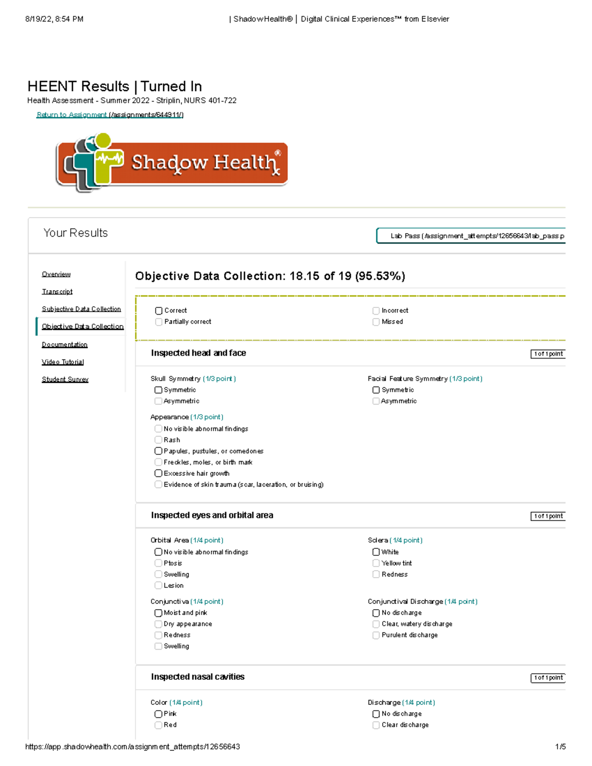 NURS 401 Summer 2022 HEENT Objective Assessment Results - Studocu