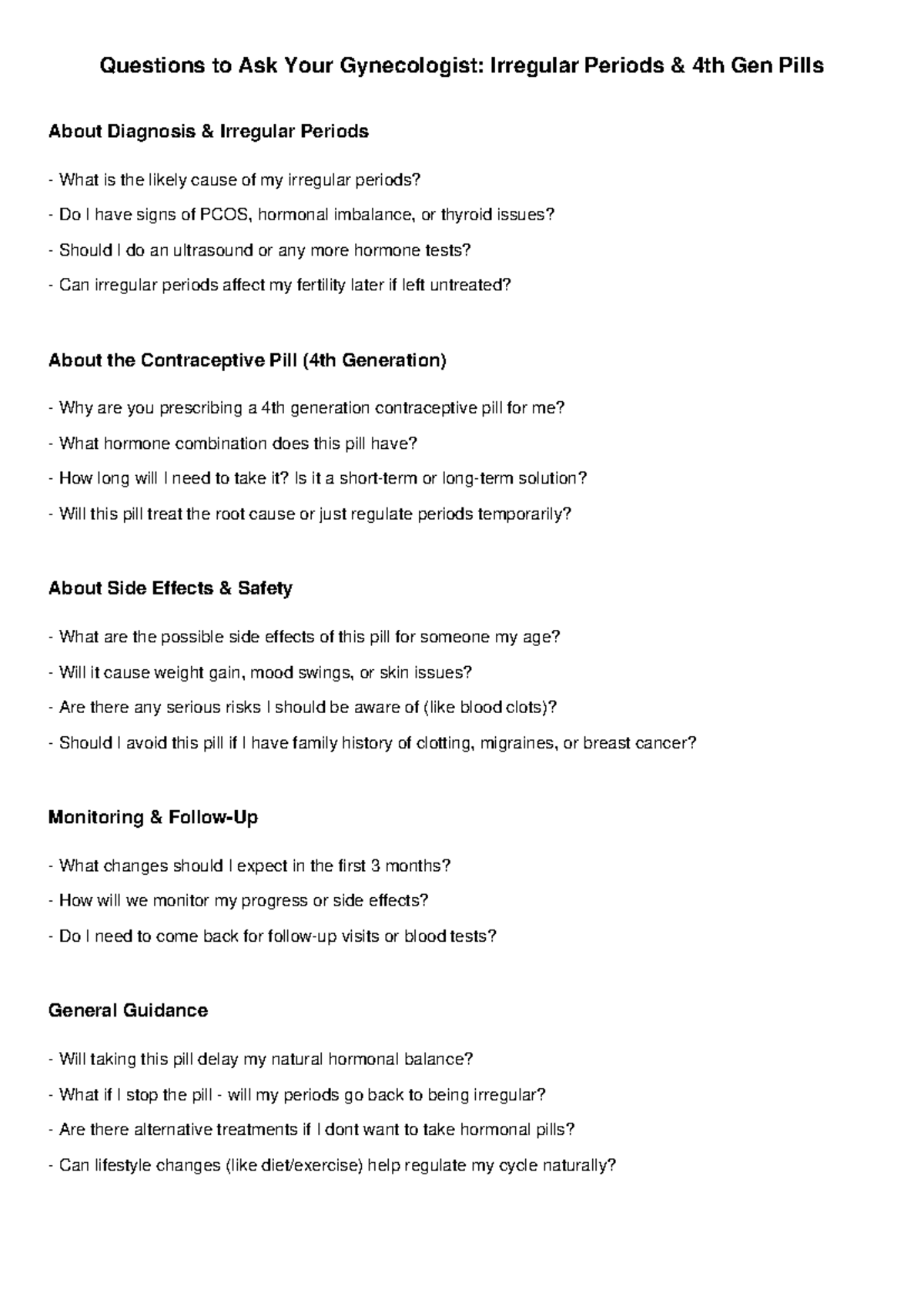 Gynecologist Questions on Irregular Periods & 4th Gen Pills - Studocu