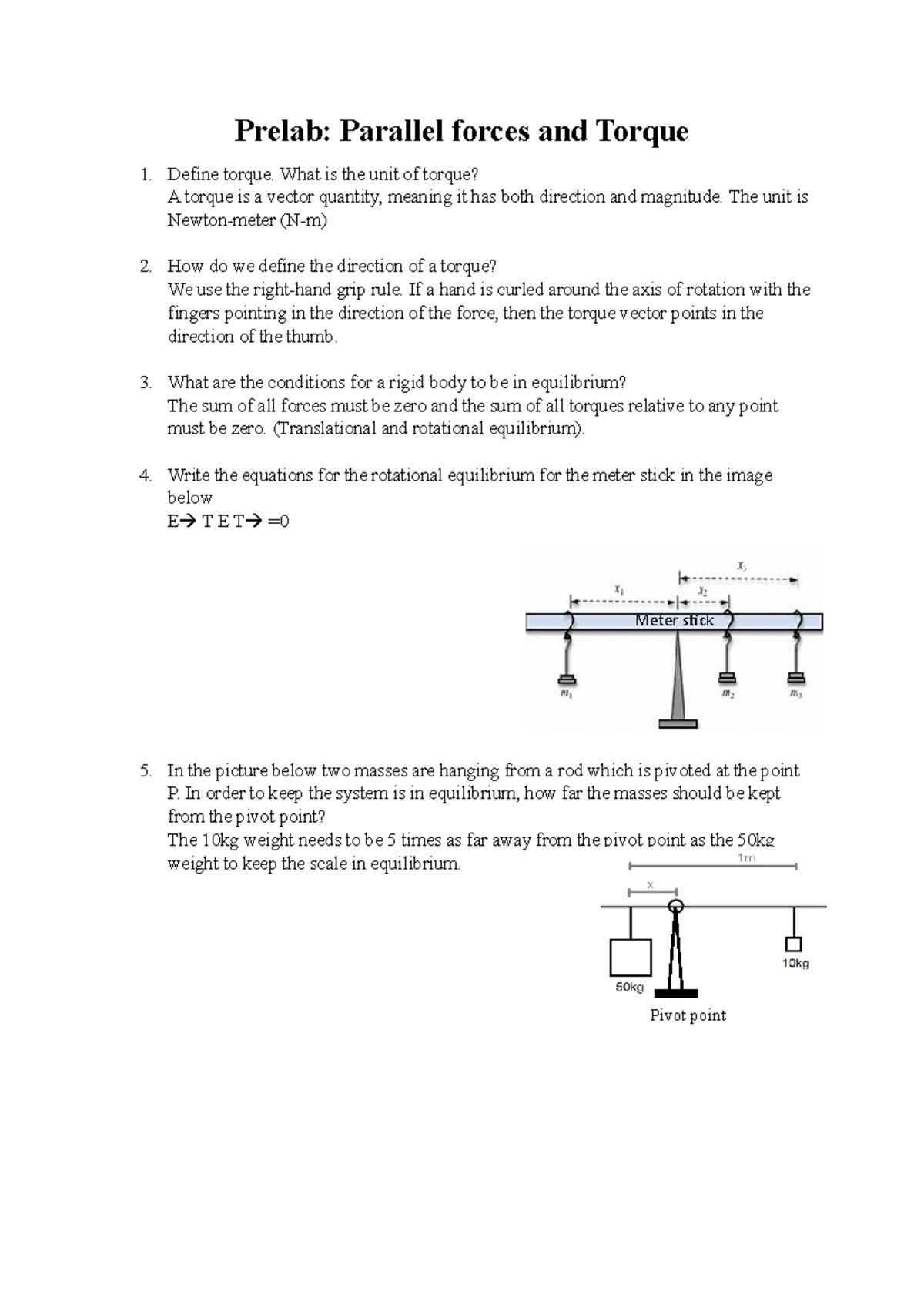 Prelab 4 - pre-lab - Prelab: Parallel forces and Torque Define torque ...