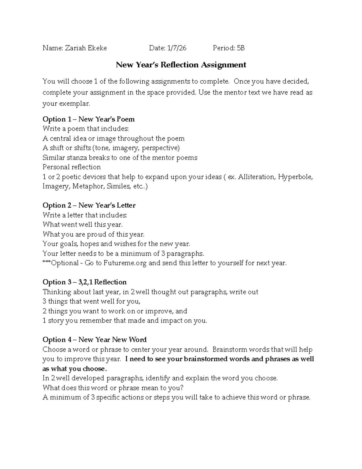 New Year’s Reflection Assignment: Choose Your Path - Studocu