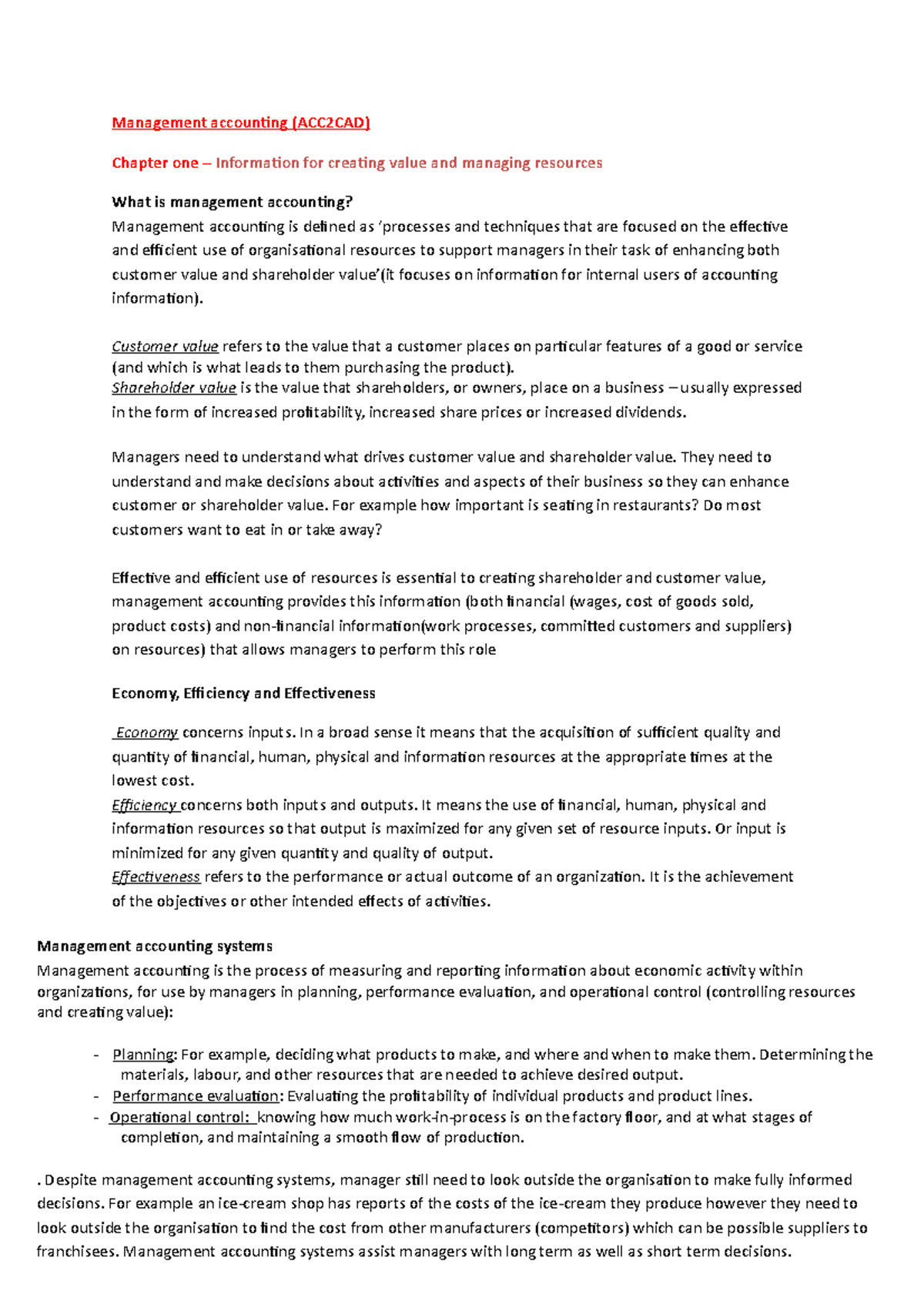 Management Accounting Notes Lecture Notes Lectures 1 12