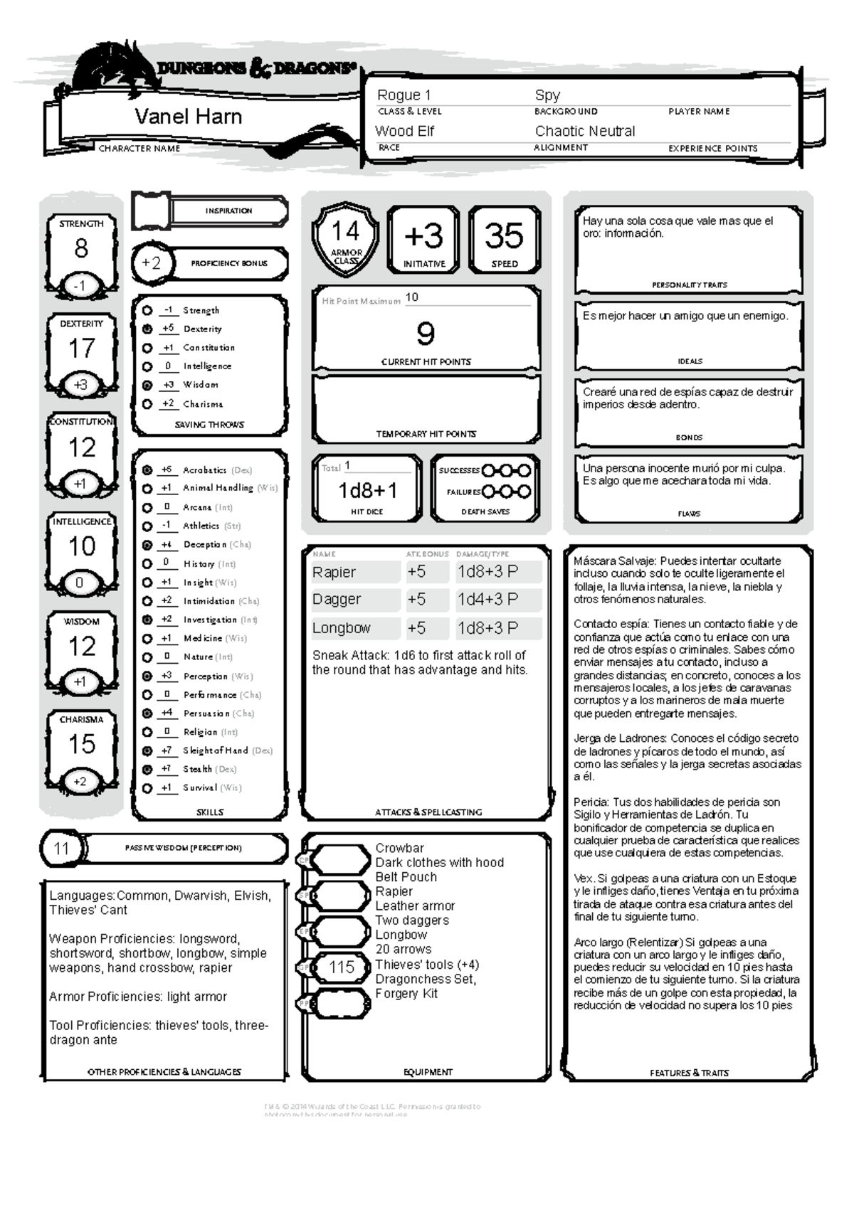 Vanel Harn: Rogue Level 1 Character Sheet & Inspiration - Studocu