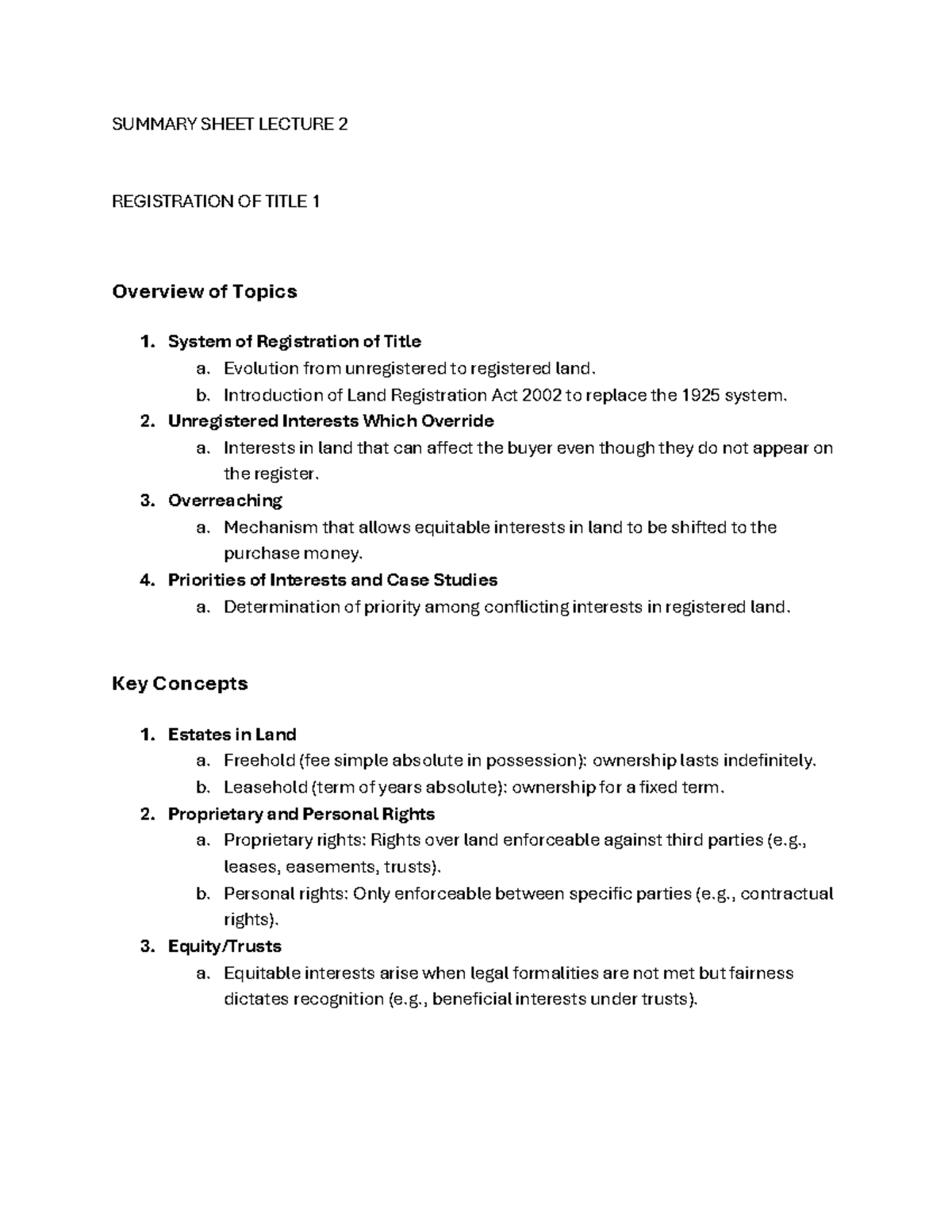 Land Law Summary Sheet: Lecture 2 - Registration of Title - Studocu