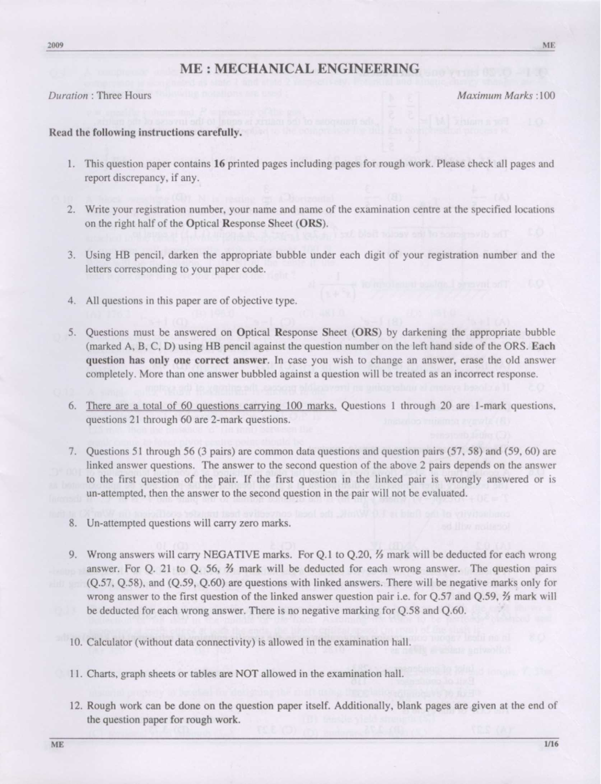 2009 ME ME: GATE Mechanical Engineering Exam Paper - Studocu