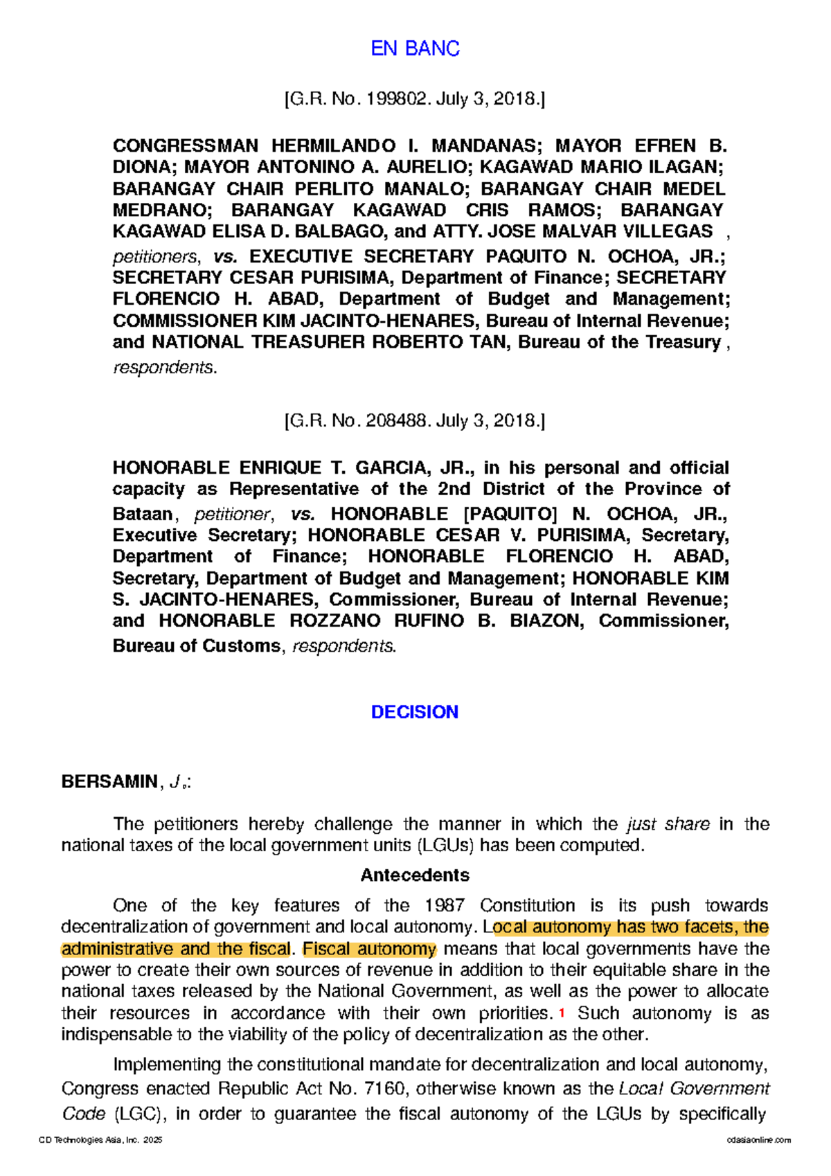 Mandanas v. Ochoa, Jr. G.R. Nos. 199802 & 208488 - Case Analysis - Studocu