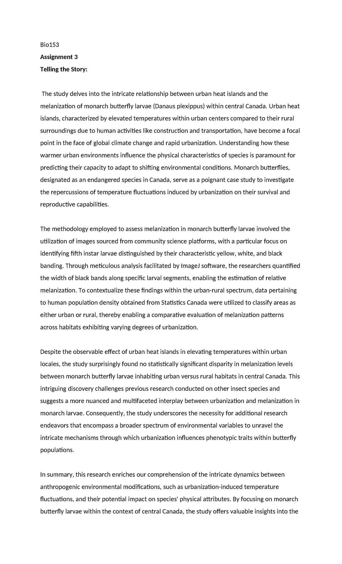 Assignment 3 BIO153 - Bio Assignment 3 Telling the Story: The study ...