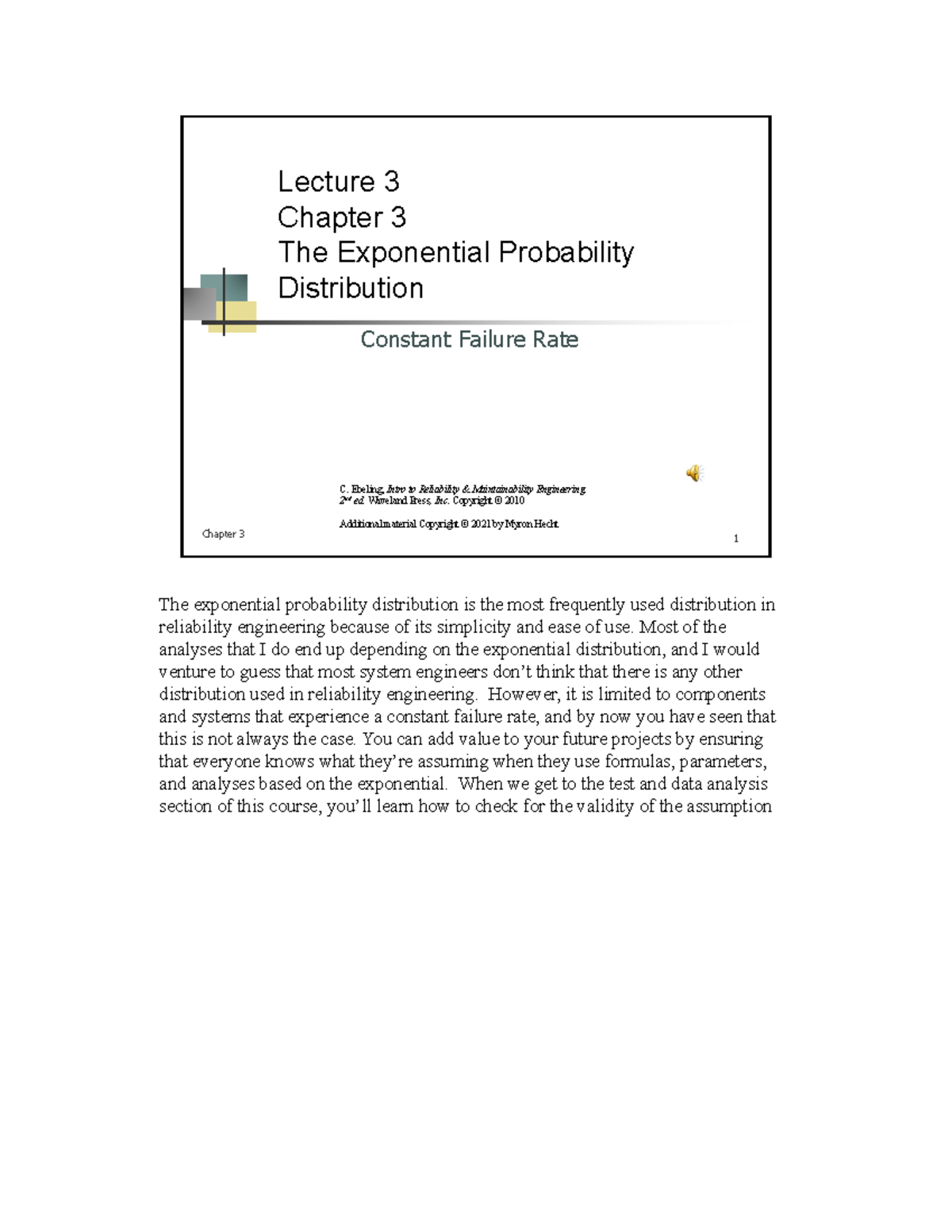 Lecture 3: Exponential Probability Distribution in Reliability Engineering (C.E. - Studocu