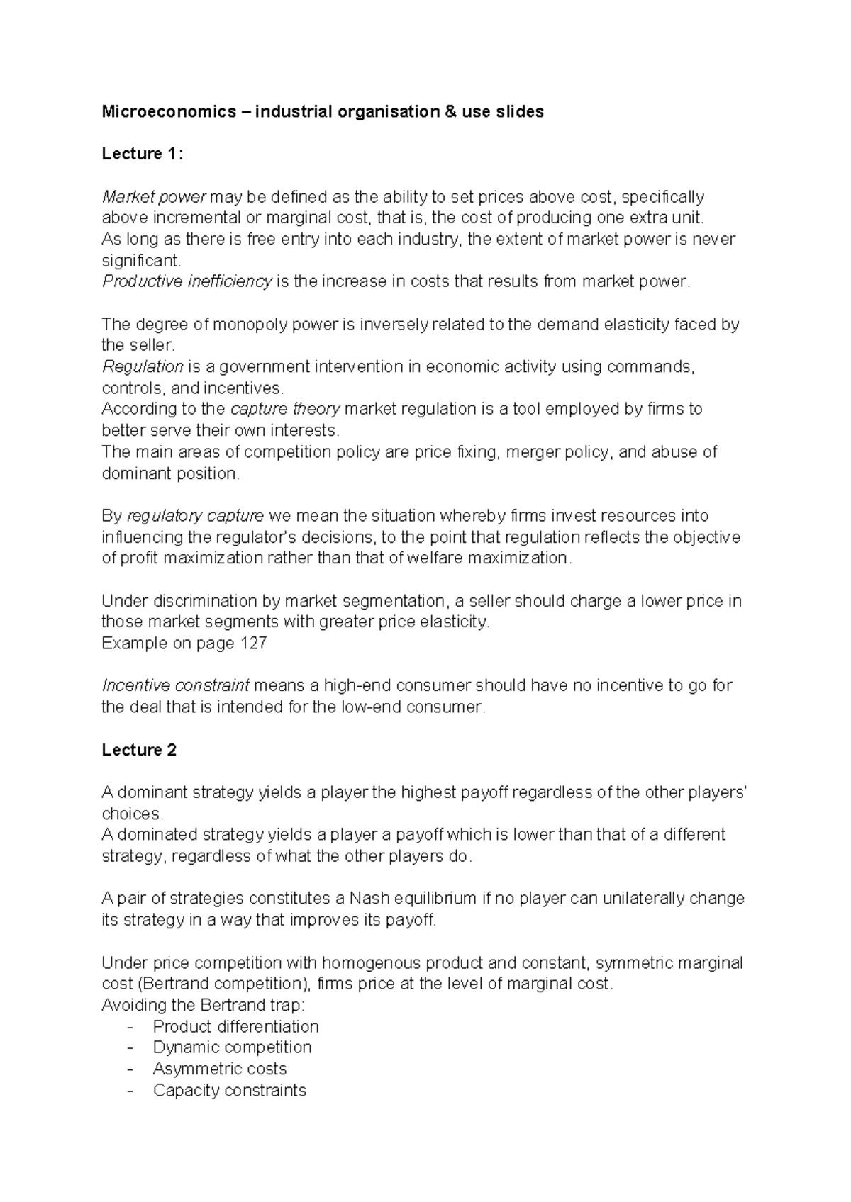 Microeconomics (INDO 101) Industrial Organization Lecture Summary ...