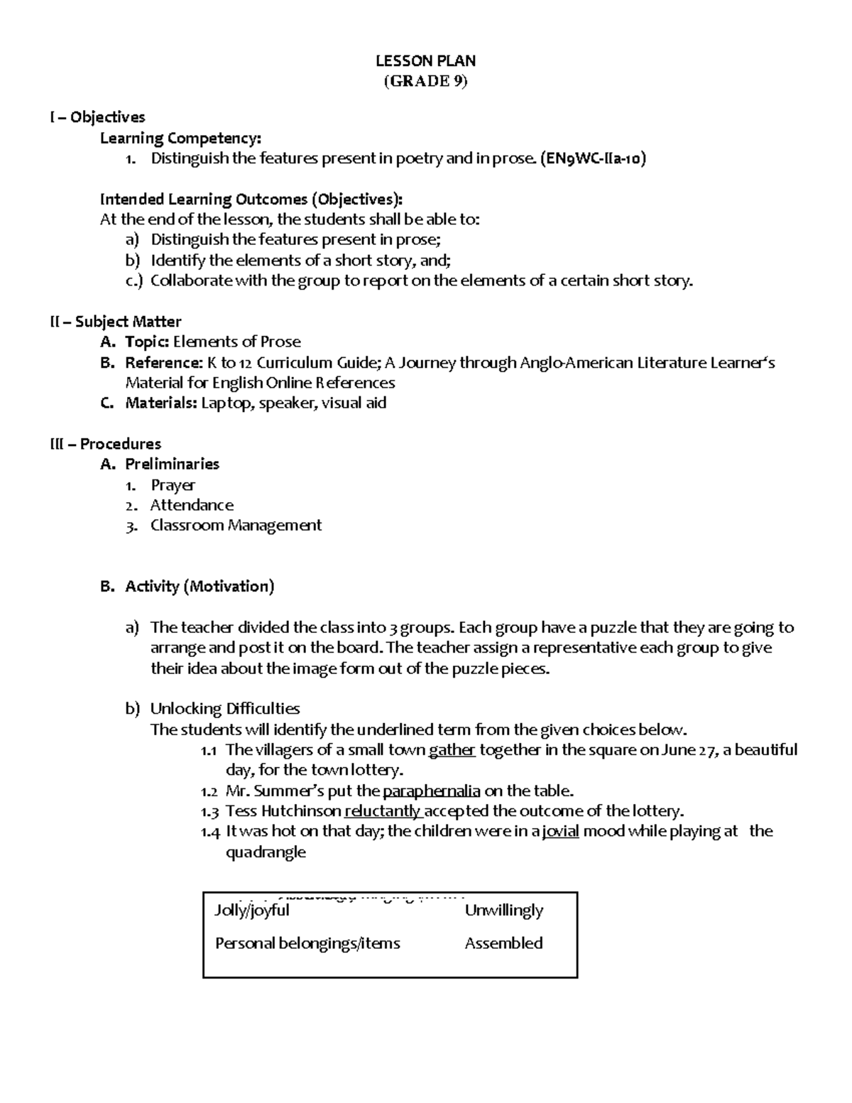 Grade 9 Lesson Plan: Understanding Prose Elements (EN9WC-IIa-10) - Studocu