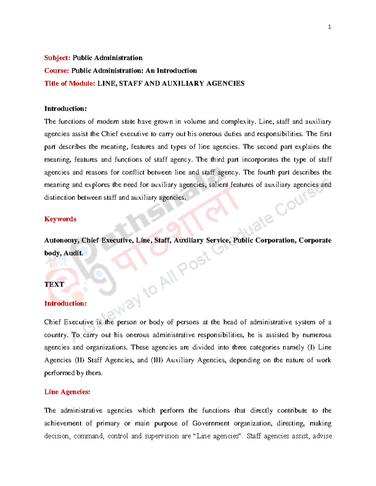 LINE, Staff AND Auxiliary Agencies - Subject: Public Administration ...