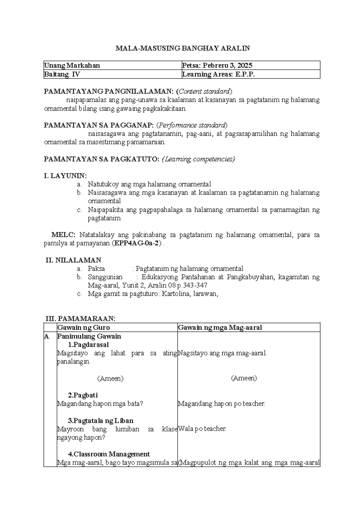 BANGHAY ARALIN: Pagtatanim ng Halamang Ornamental - Baitang IV E.P.P. - Studocu