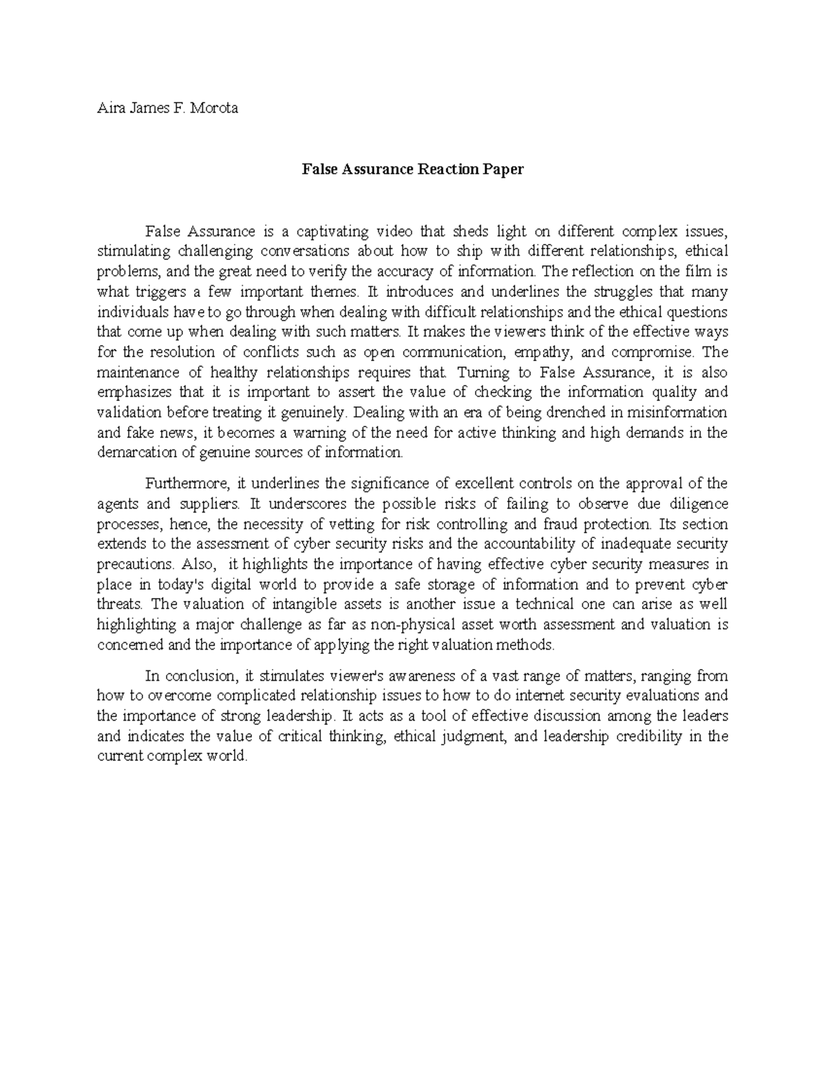 Reaction Paper: Analyzing Ethical Issues in "False Assurance" - Studocu
