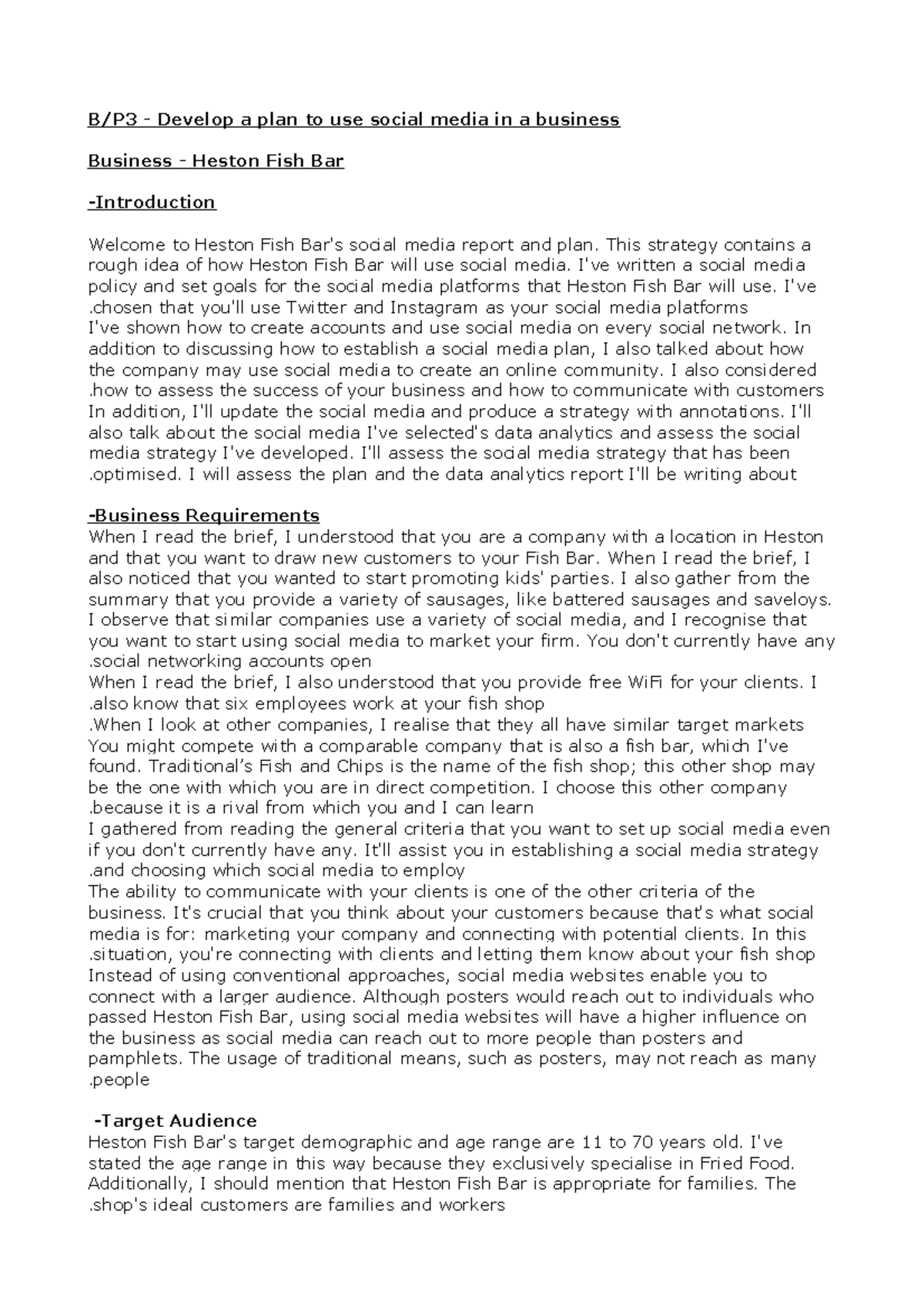 HSTON B/P3 & P4: Social Media Strategy for Heston Fish Bar - Studocu