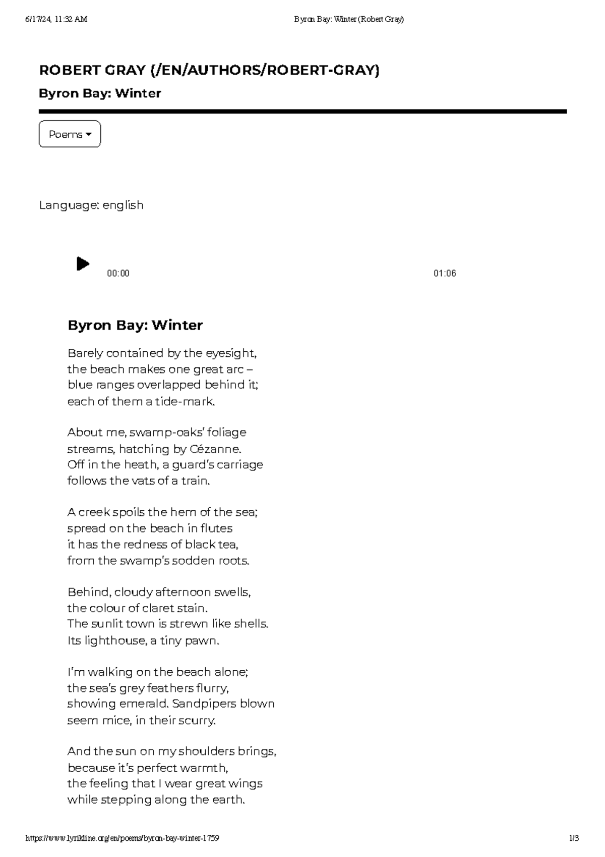 Byron Bay Winter: A Poetic Exploration by Robert Gray - Studocu