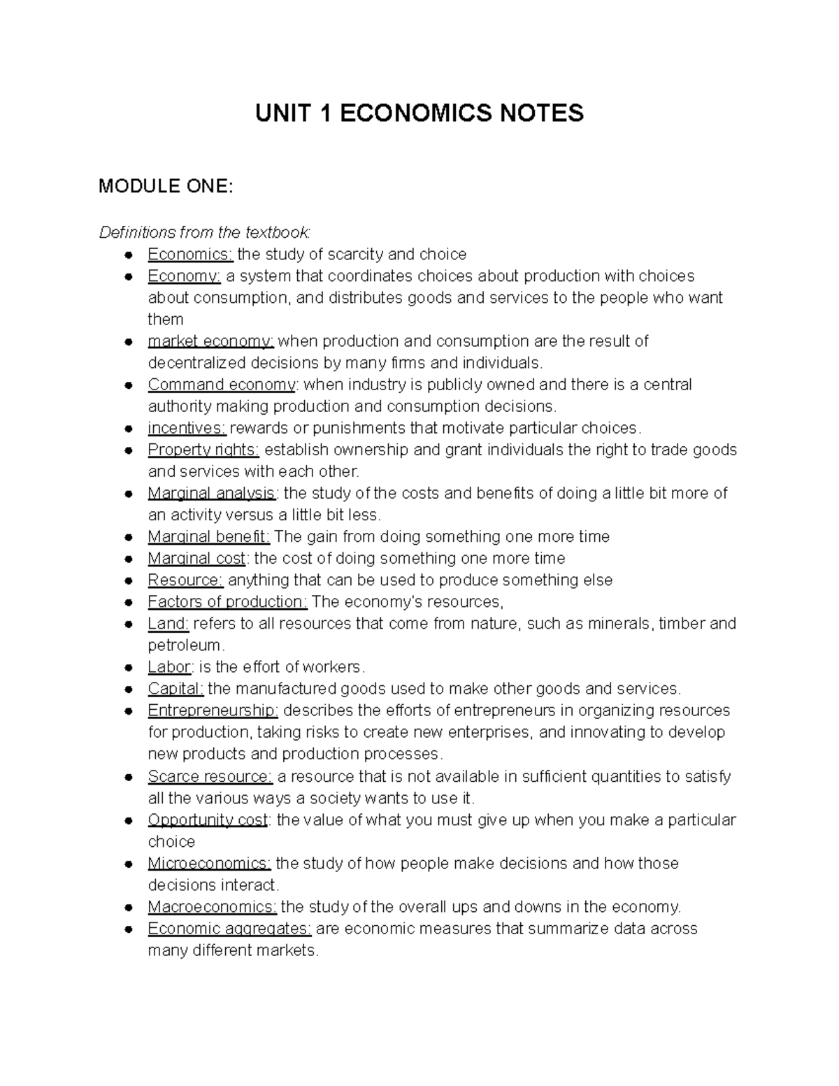Unit 1 notes - UNIT 1 ECONOMICS NOTES MODULE ONE: Definitions from the ...