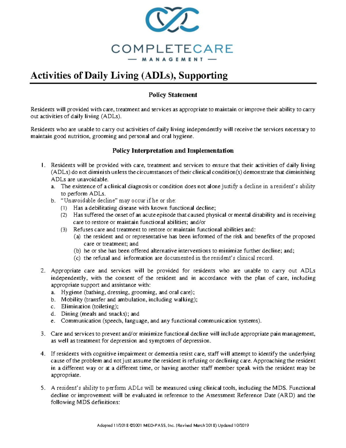 ADL Support Policy Statement: Enhancing Daily Living Activities - Studocu