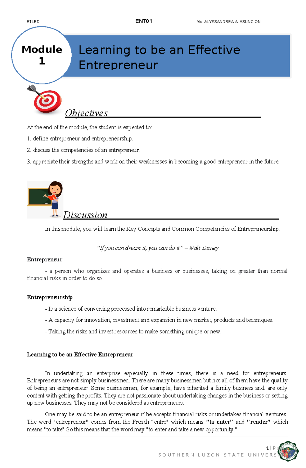 Module 1 - Learning to be an Effective Entrepreneur - Objectives At the ...