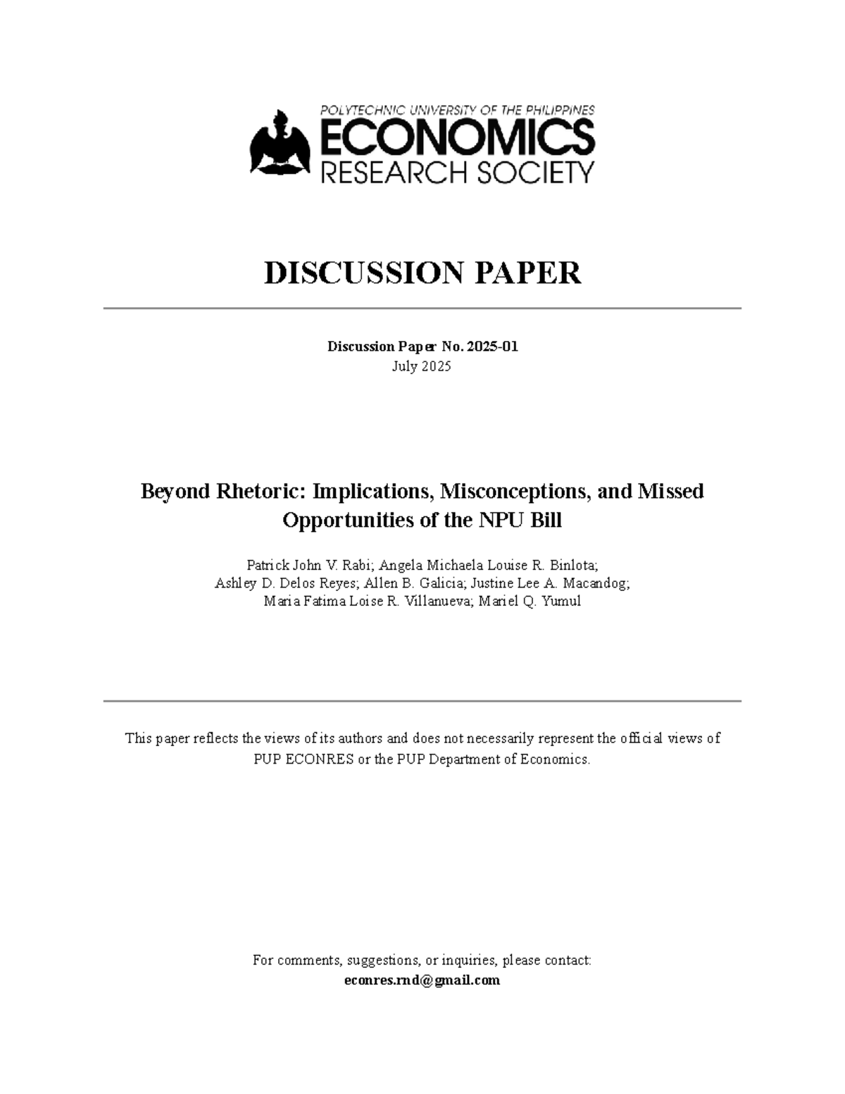 PUP ECONRES DP-2025-01: Analyzing the NPU Bill's Implications and ...