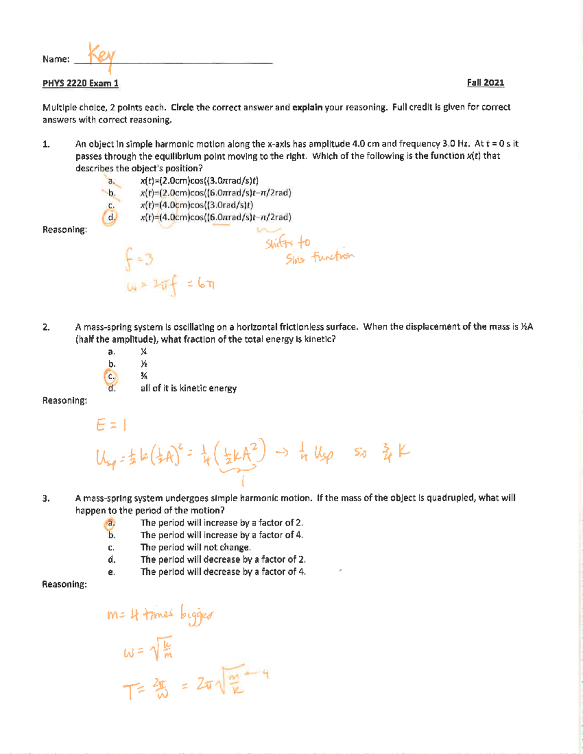 practice exam 1 with solution - Name: Key PHYS Exam 1 Fall 2021 ...