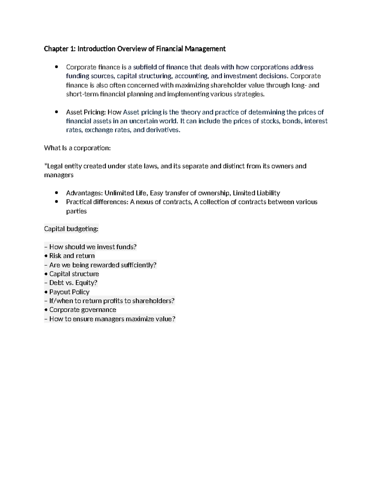 Chapter 1: Intro to Financial Management (FIN4424) - Studocu