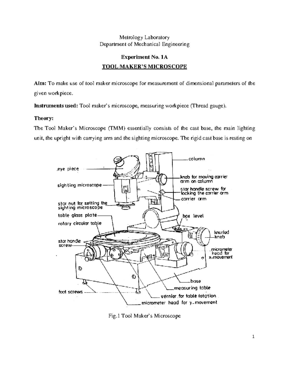 Metrology Lab ME 101: Tool Microscope & Micrometer Calibration Manual ...