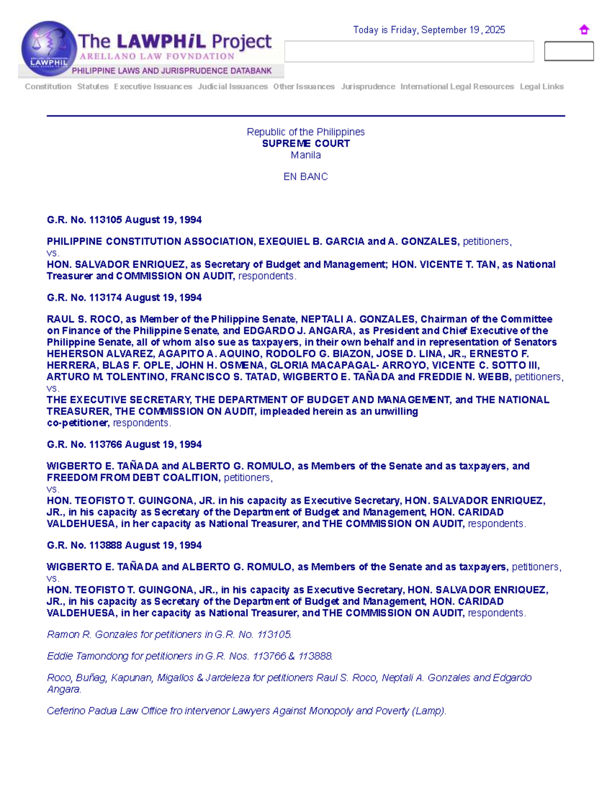 G.R. No. 113105 & 113174: Constitutional Issues on Budget ...