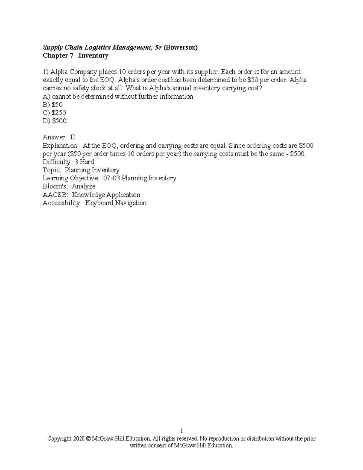 Bowersox 5e Chapter 07 Inventory Management TB Answer Key - Studocu