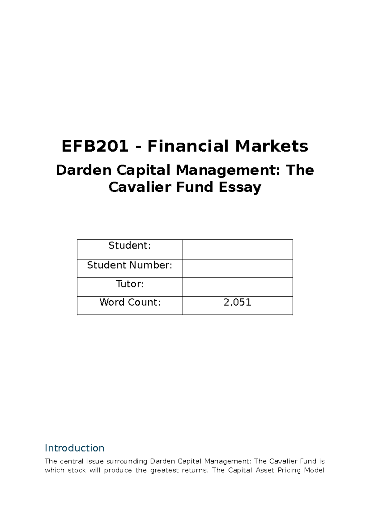 EFB201 - Assignment 2 - Darden Capital Management Essay Analysis - Studocu