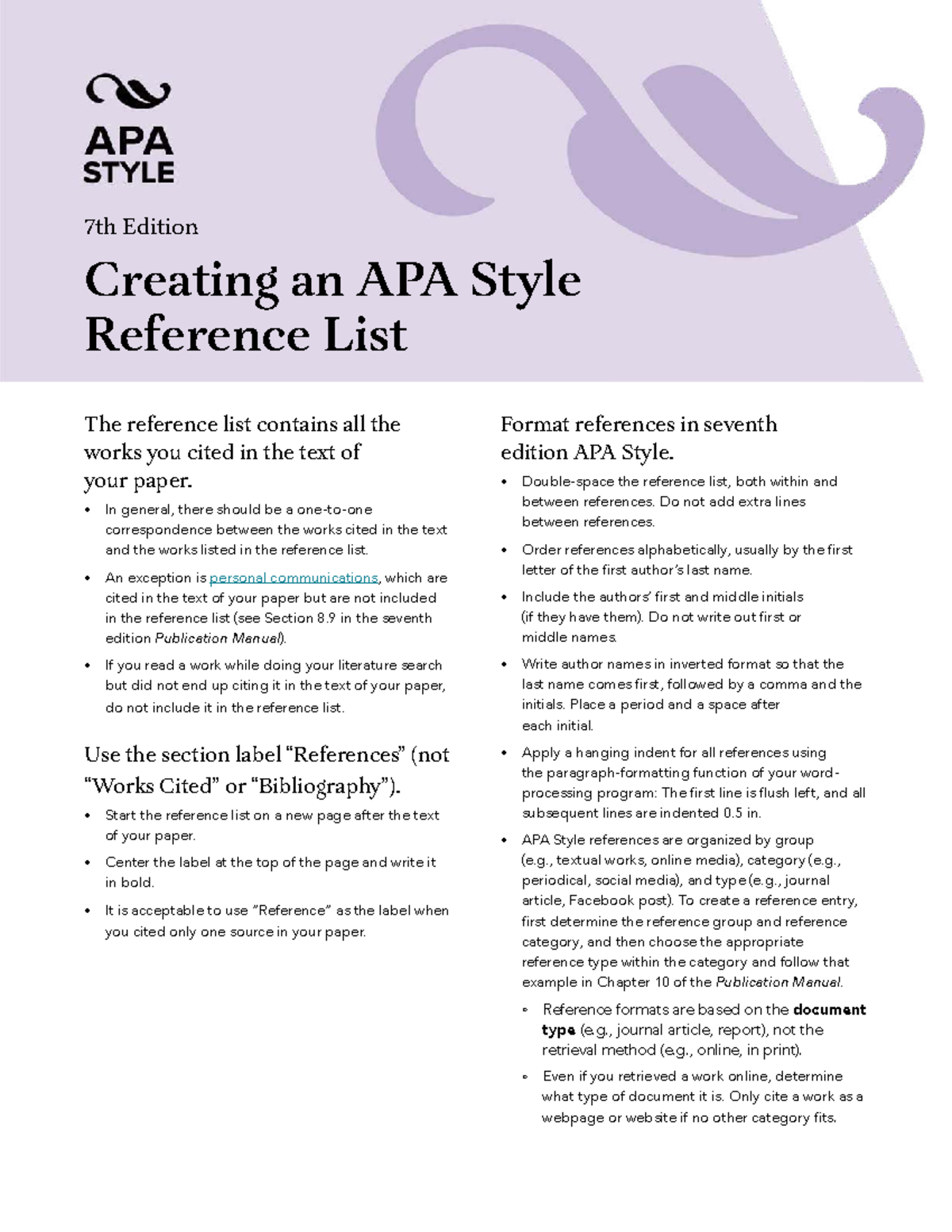 7th Edition APA Style: Creating a Reference List Guide - Studocu