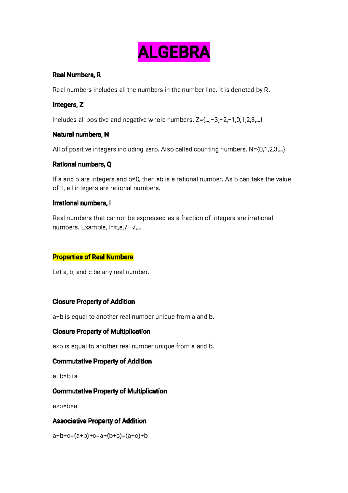 ALGEBRA Real Numbers and Their Properties: A Comprehensive Guide - Studocu