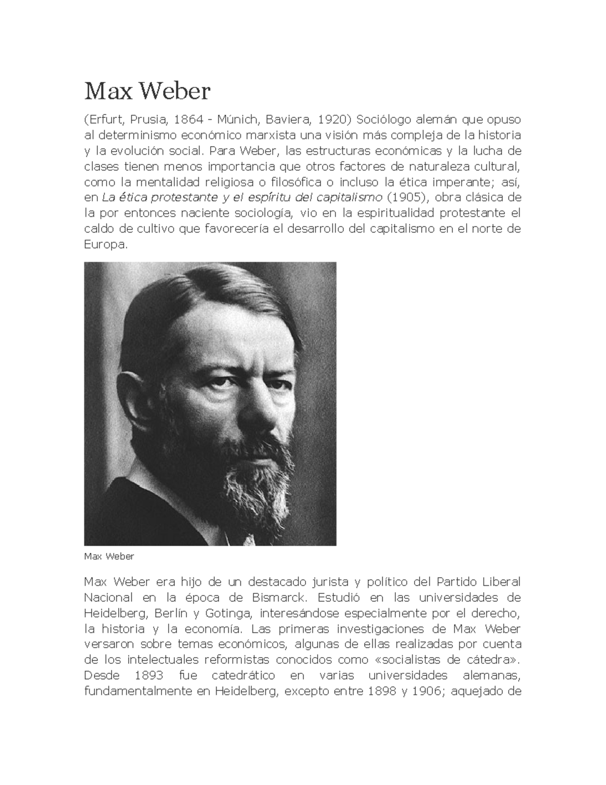 Biografía de Max Weber: Sociólogo y Teórico Social (1864-1920) - Studocu