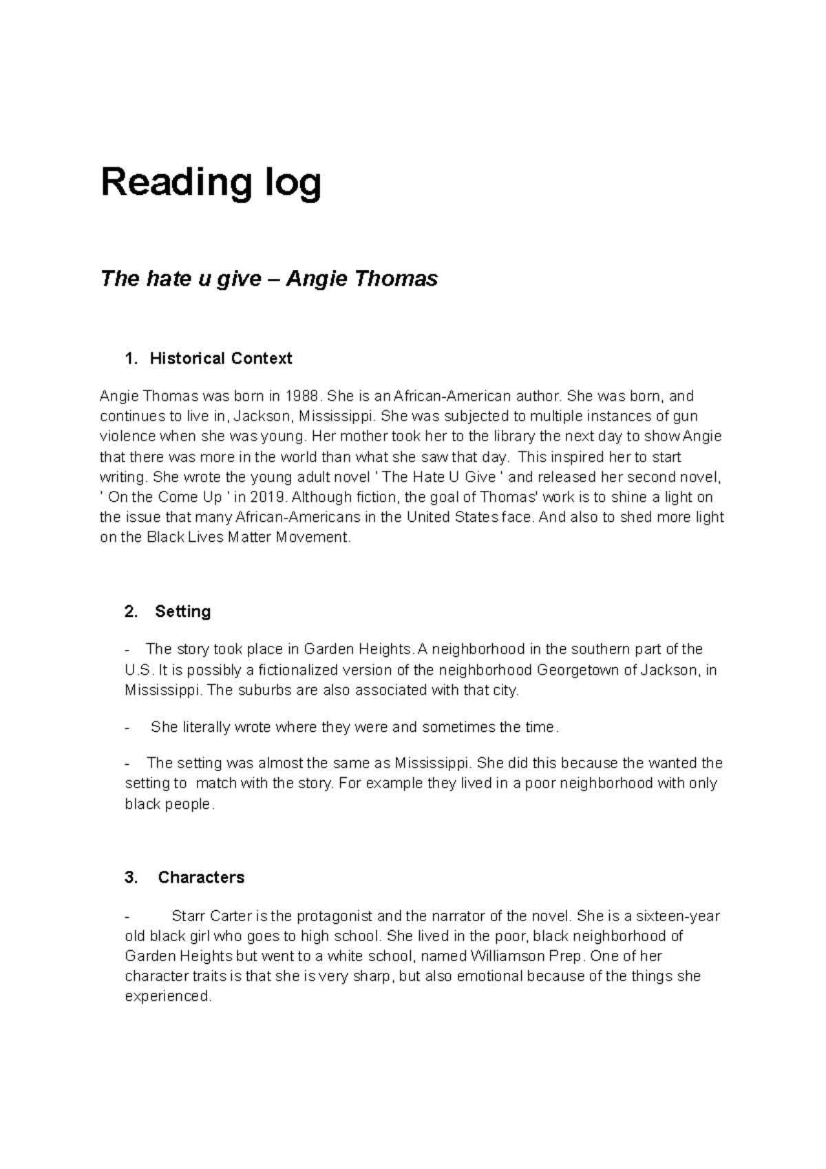 Engels Reading Log: Analysis of "The Hate U Give" & Other Works ...