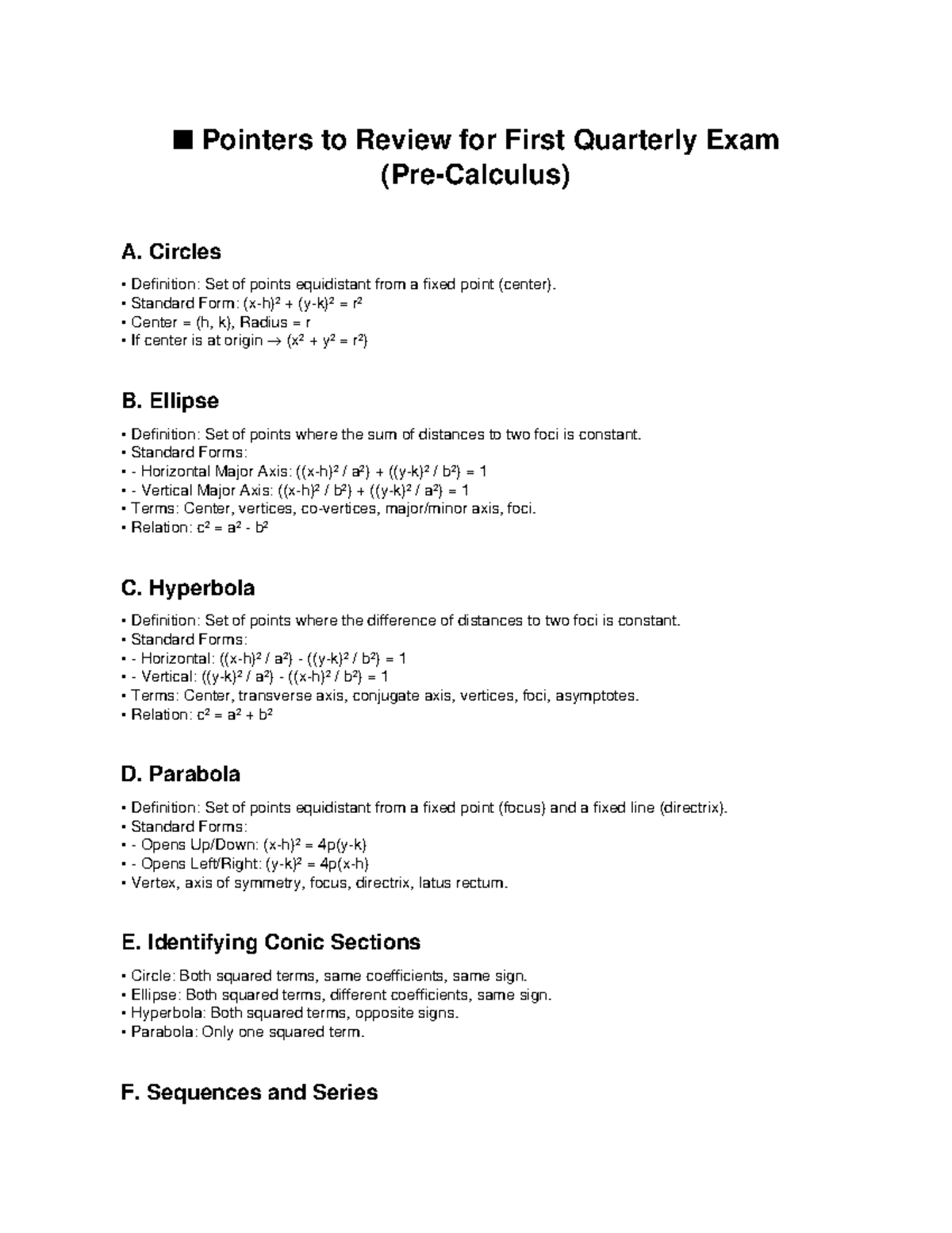 Pointers to Review for First Quarterly Exam: Conic Sections - Studocu